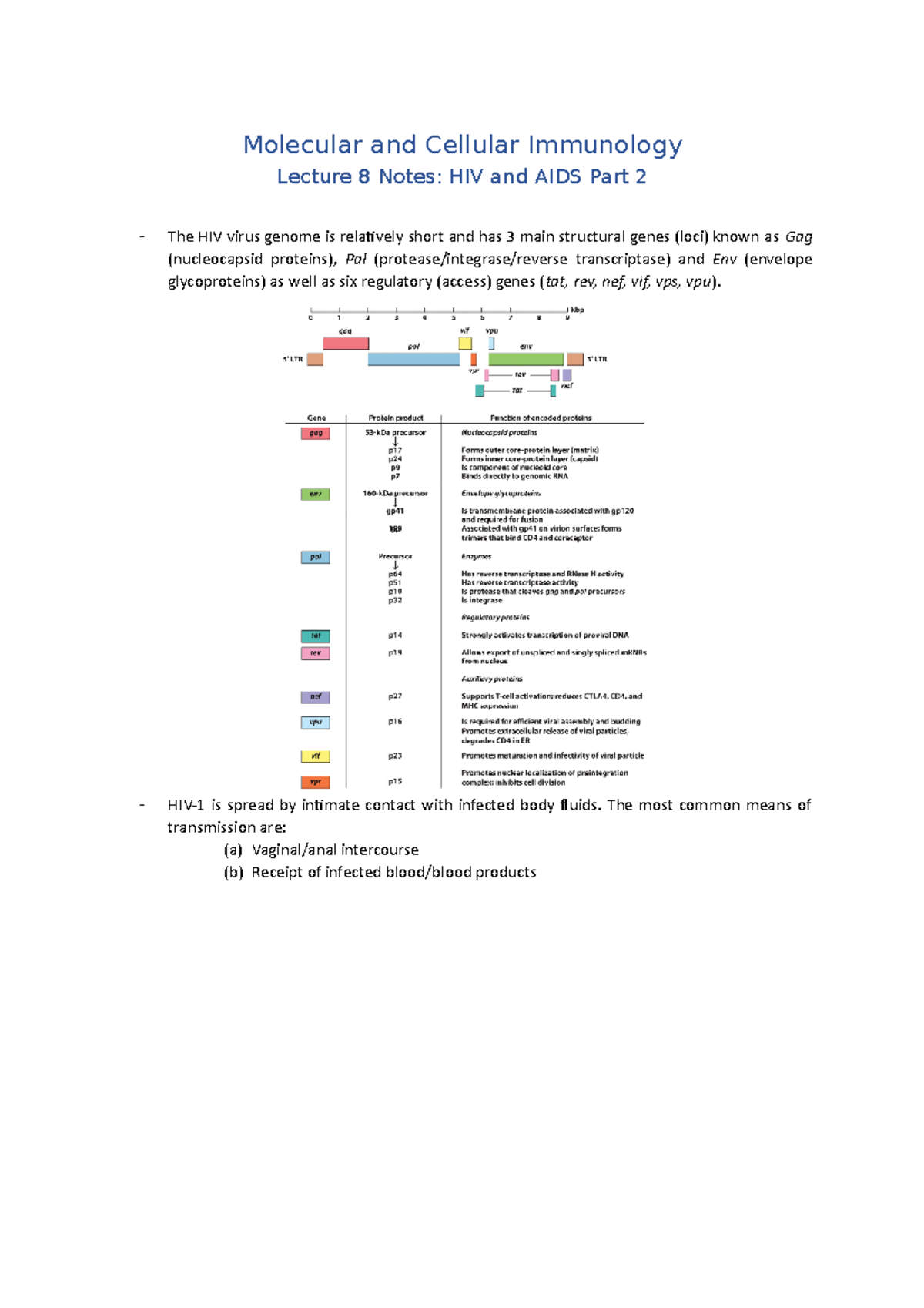 Lecture 8 Notes (HIV and AIDS Part 2) - Molecular and Cellular ...