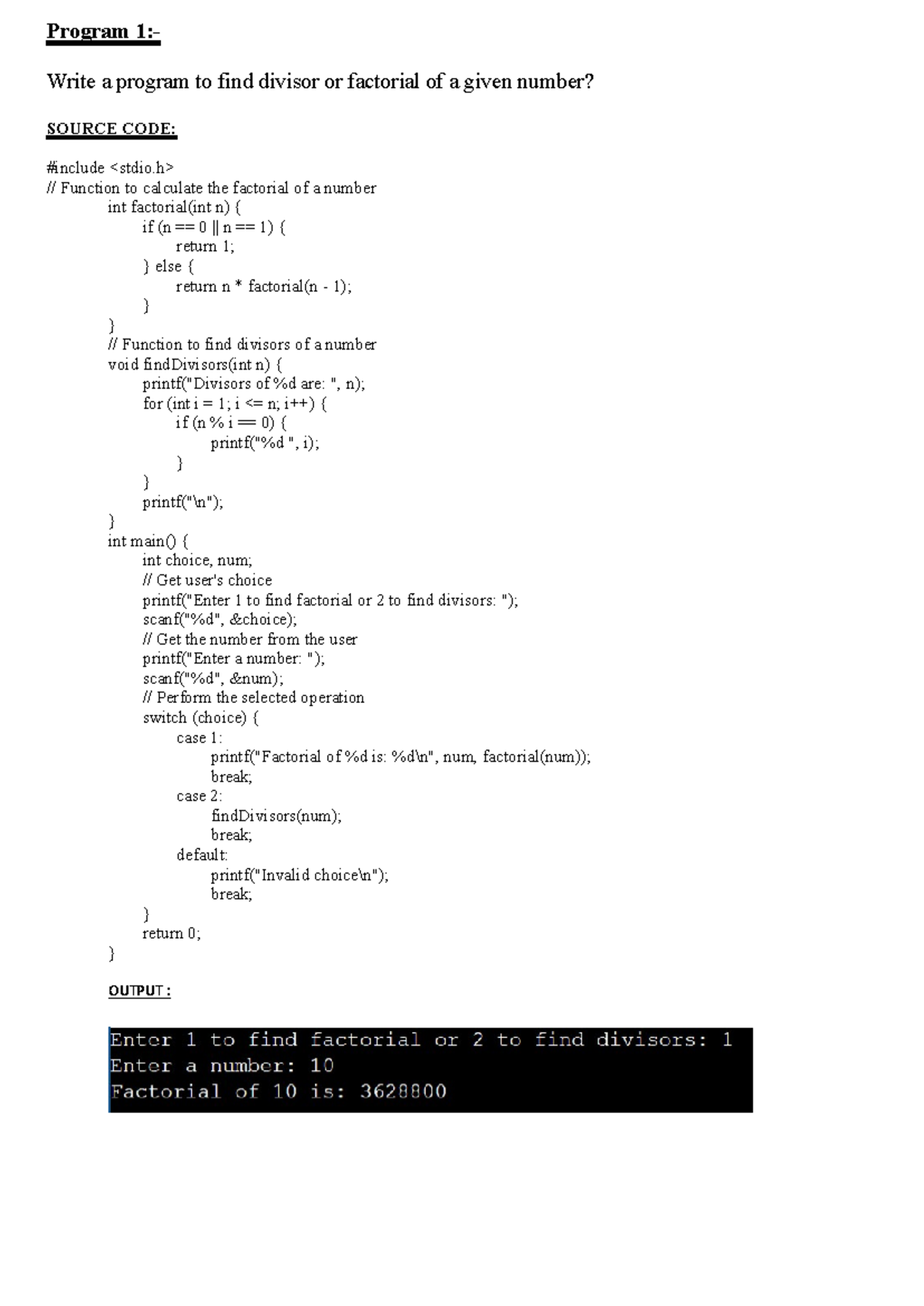50 Progtsmm C Assigment 1st Year Write A Program To Find Divisor Or Factorial Of A Given