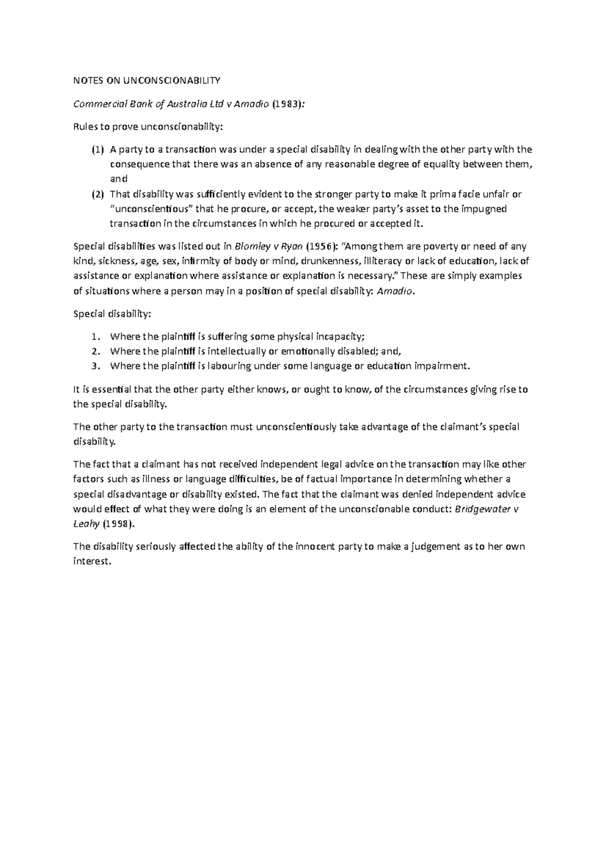 Notes ON Unconscionability - NOTES ON UNCONSCIONABILITY Commercial Bank ...