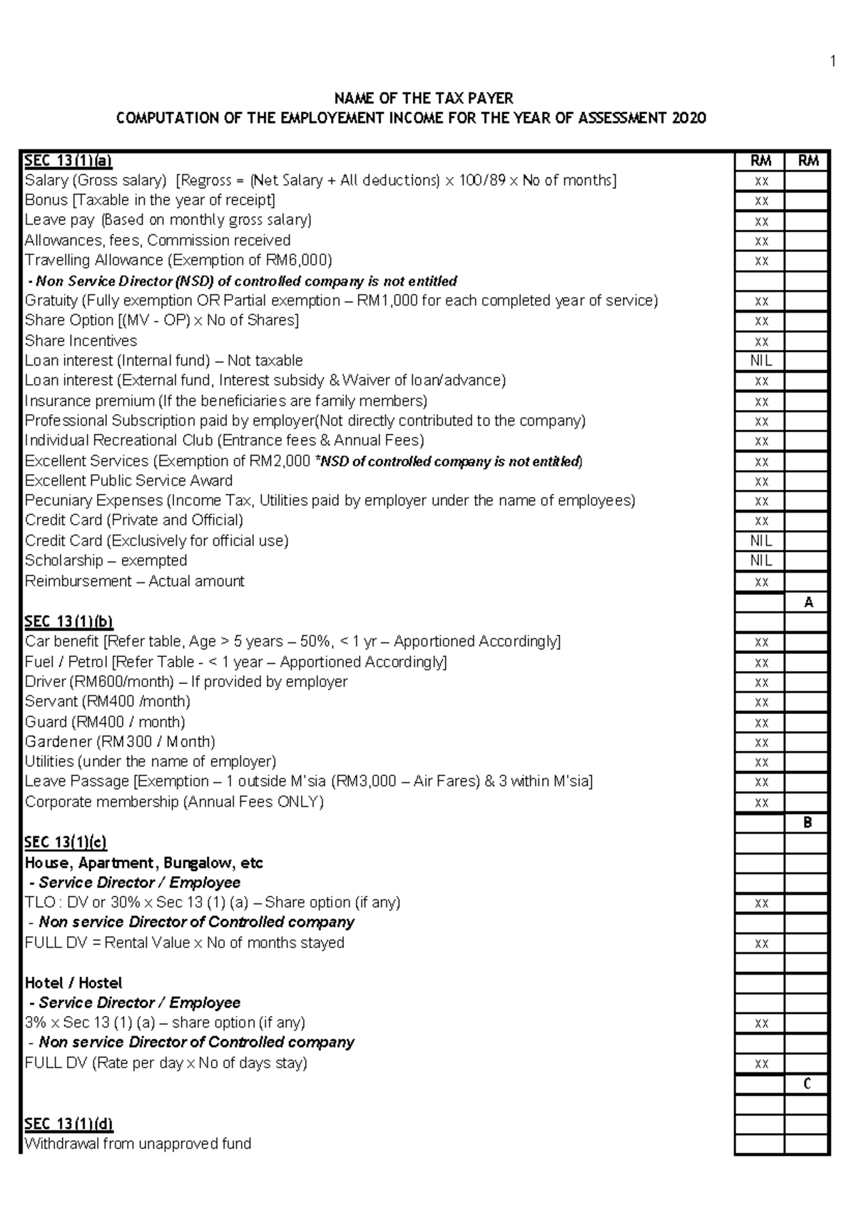 Format FOR Computation Employment Income YA2020 - 1 SEC 13(1)(a) RM RM ...