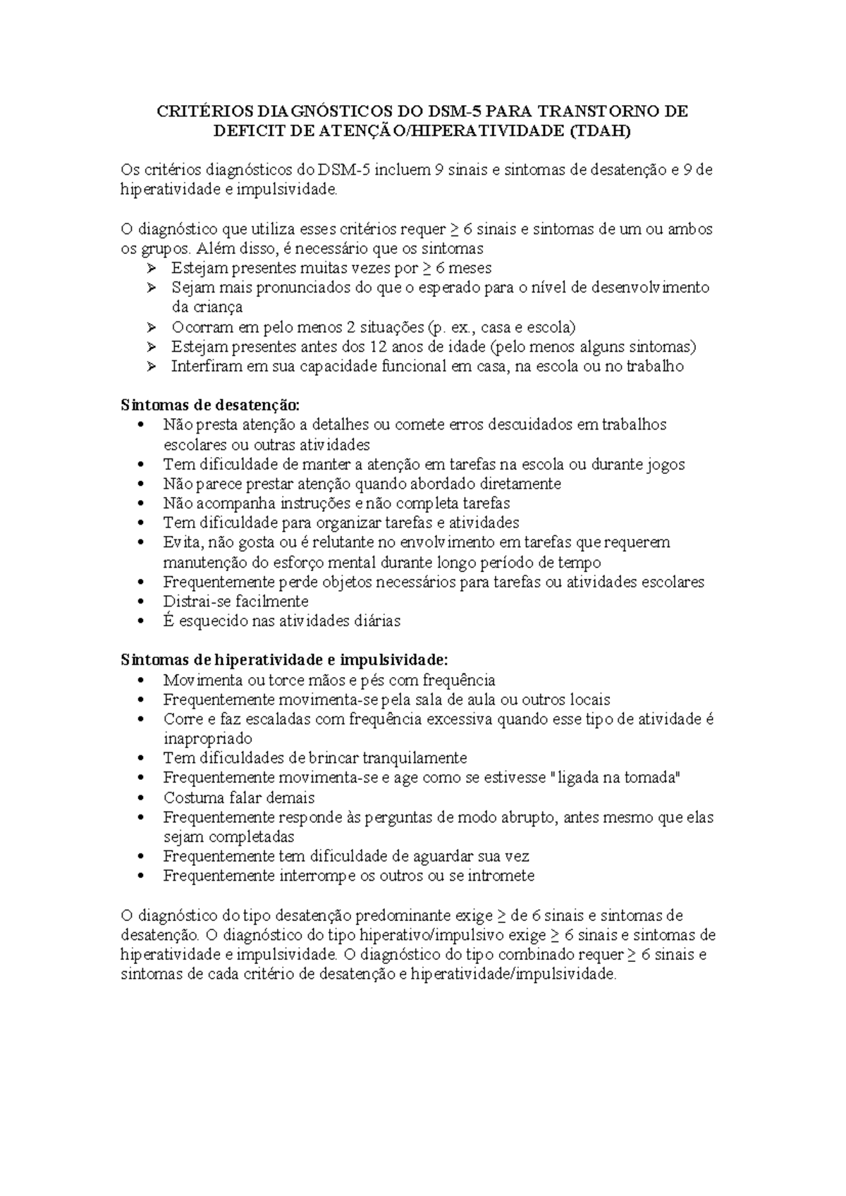 Critérios Diagnósticos TDAH DSM-5 - CRITÉRIOS DIAGNÓSTICOS DO DSM-5 ...