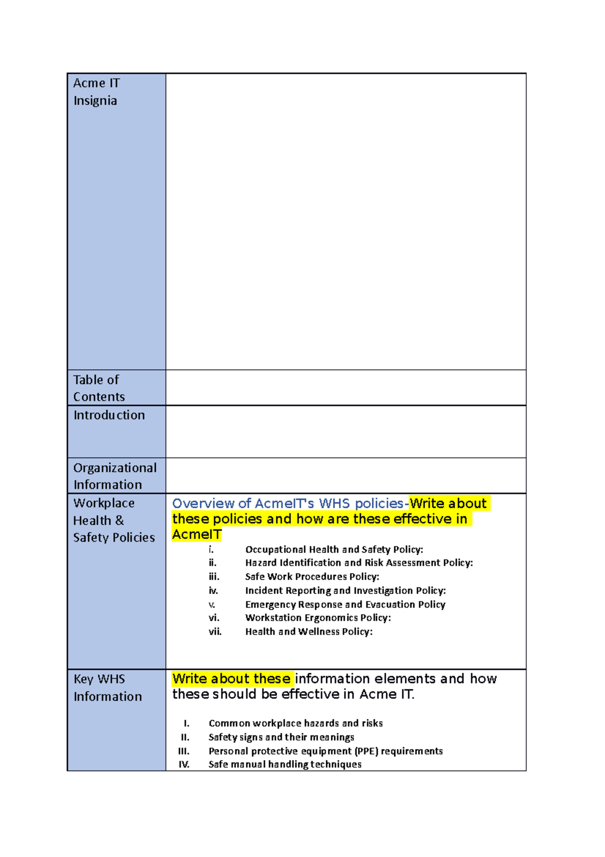 Induction Manual Template - Acme IT Insignia Table of Contents ...