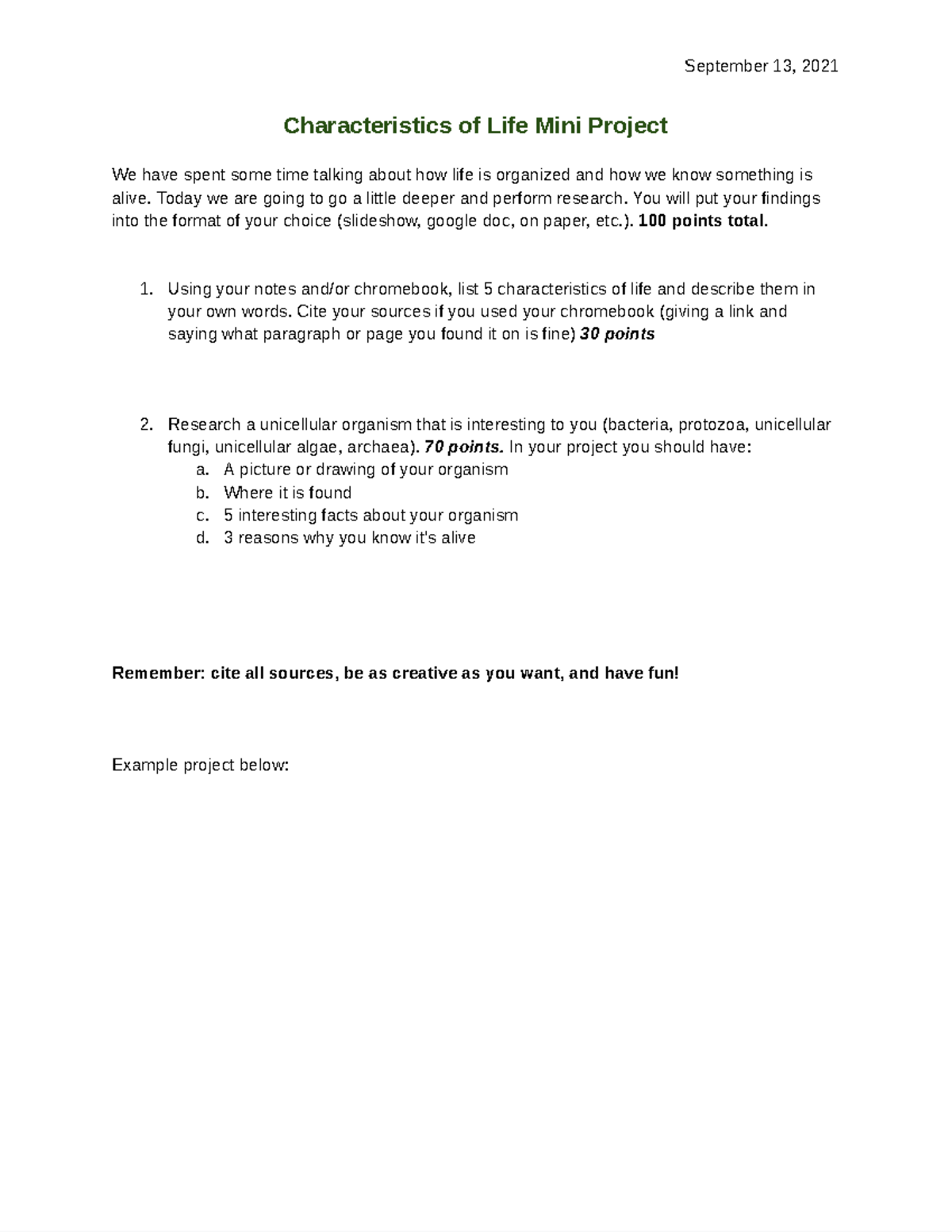 Characteristics of Life Mini Project - Google Docs - September 13, 2021 ...