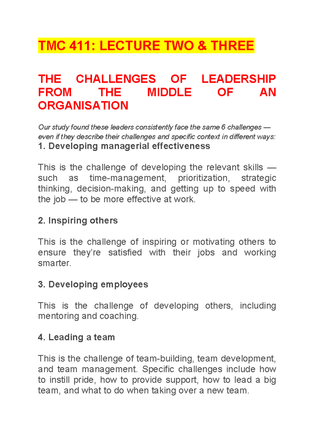 TMC NOTE 2 - Total man concept note - TMC 411: LECTURE TWO & THREE THE CHALLENGES OF LEADERSHIP ...