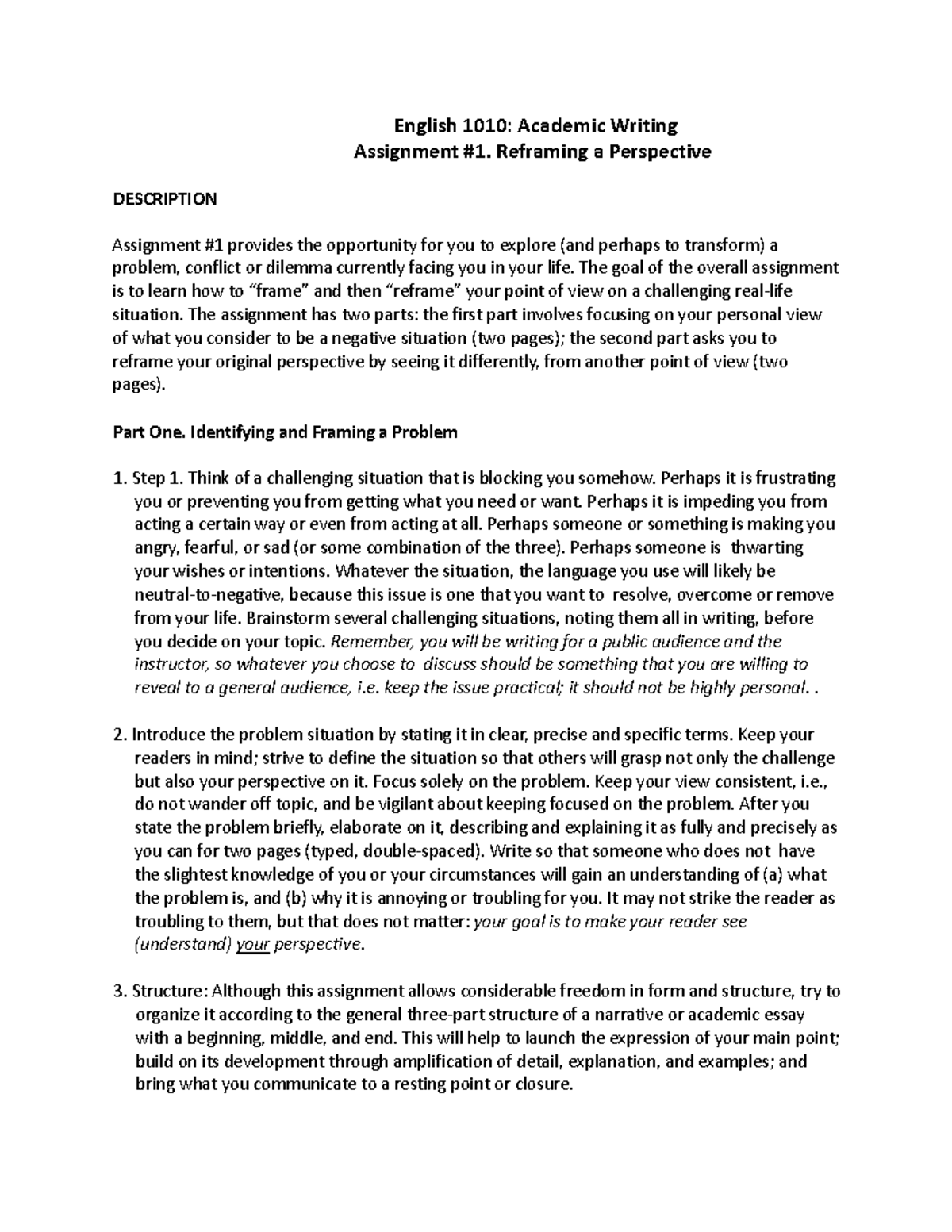 English 1010.Assignment 1.Reframing A Perspective - English 1010: Academic Writing Assignment #1 ...