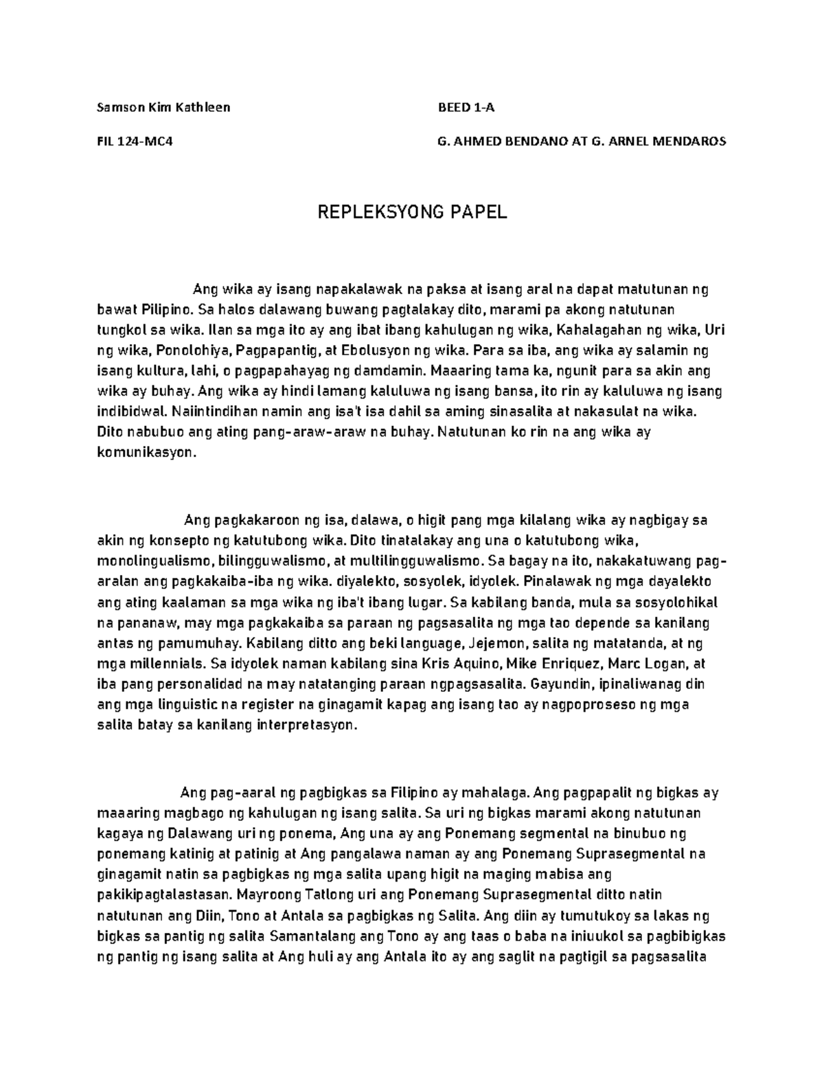 Samson Kim Kathleen filipino repleksyong papel - Samson Kim Kathleen ...