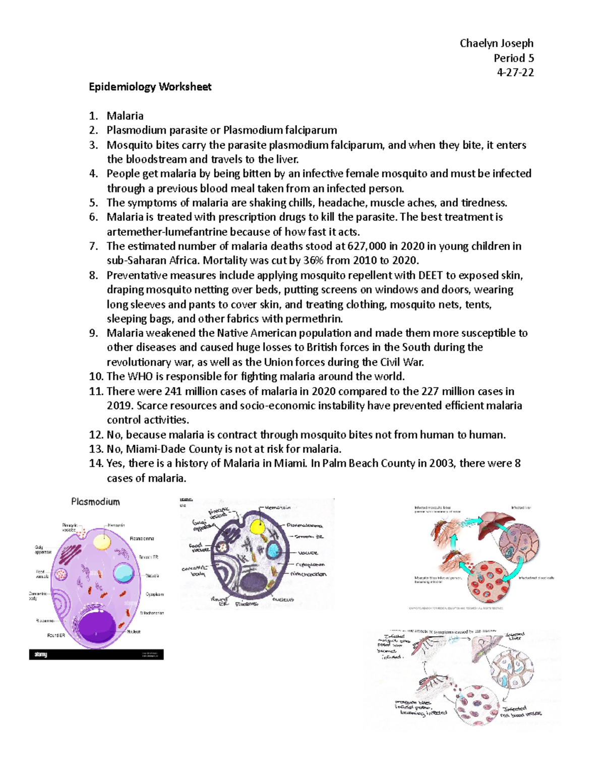 Malaria worksheet - Chaelyn Joseph Period 5 4-27- Epidemiology ...
