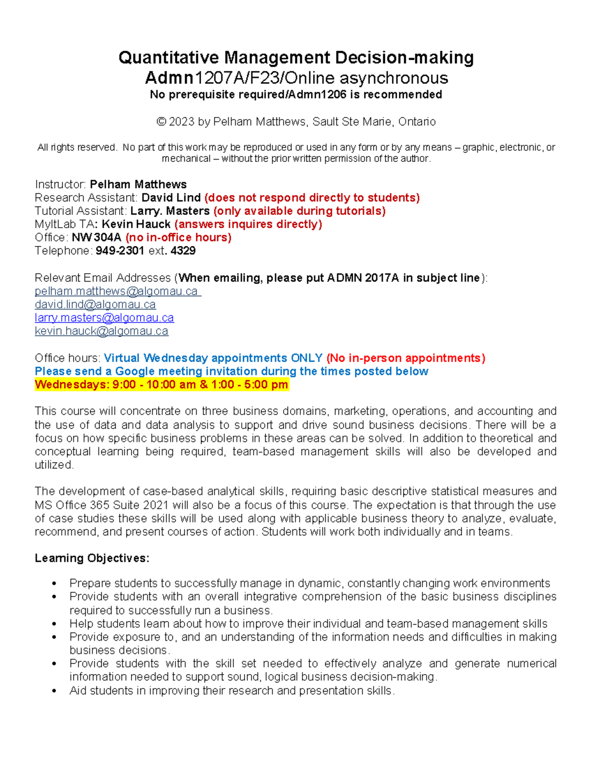 Admn 1207A23F syllabus V - Quantitative Management Decision-making Admn1207A/F23/Online ...