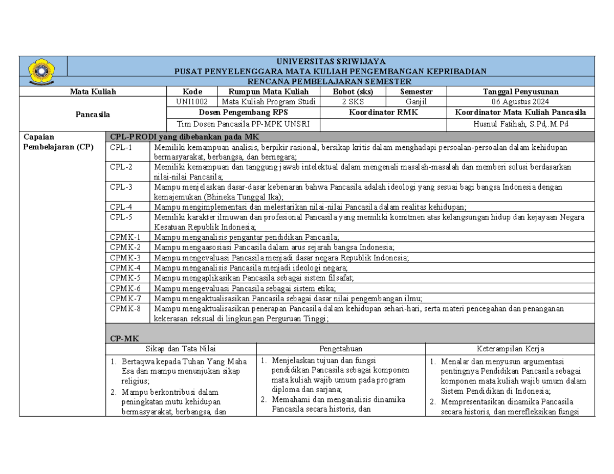 RPS-MK Pancasila MPK - UNIVERSITAS SRIWIJAYA PUSAT PENYELENGGARA MATA ...
