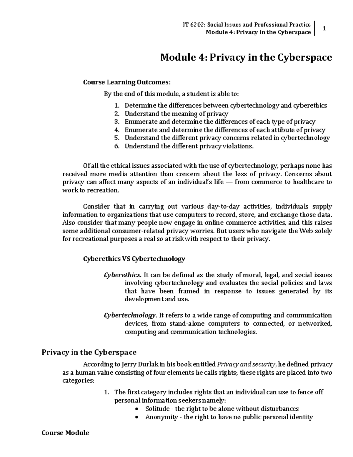 Privacy in the Cyberspace - Module 3 - Module 4 : Privacy in the Cyberspace 1 Module 4: Privacy ...
