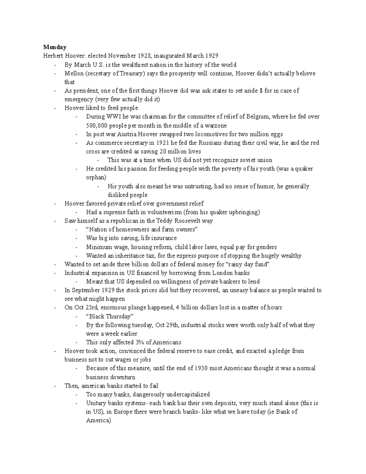 Week 3 - Notes from Professor Daley's lecture - Monday Herbert Hoover ...