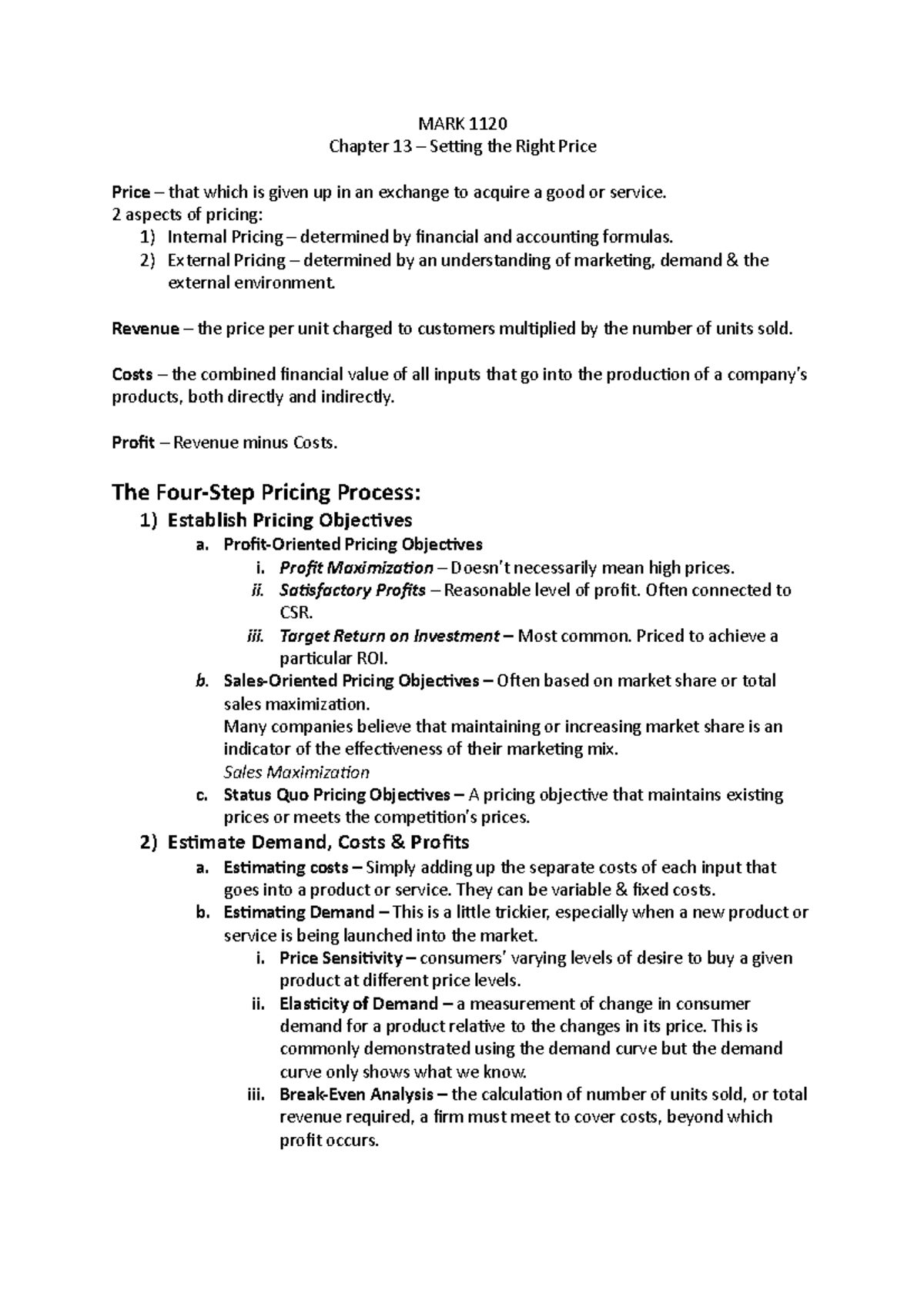 MARK Chapter 13 Notes - MARK 1120 Chapter 13 – Setting the Right Price ...