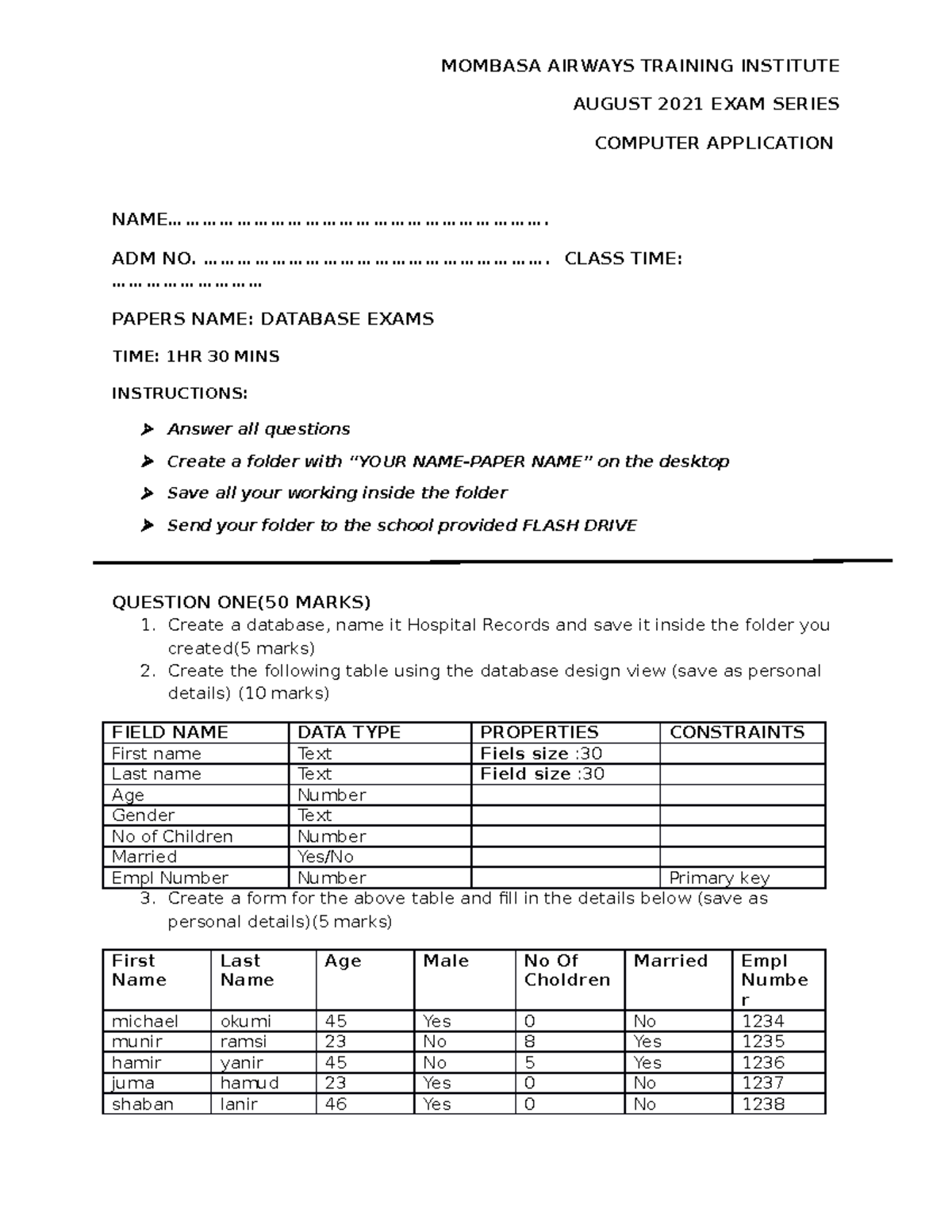 Database EXAM - INFO TECH - MOMBASA AIRWAYS TRAINING INSTITUTE AUGUST ...
