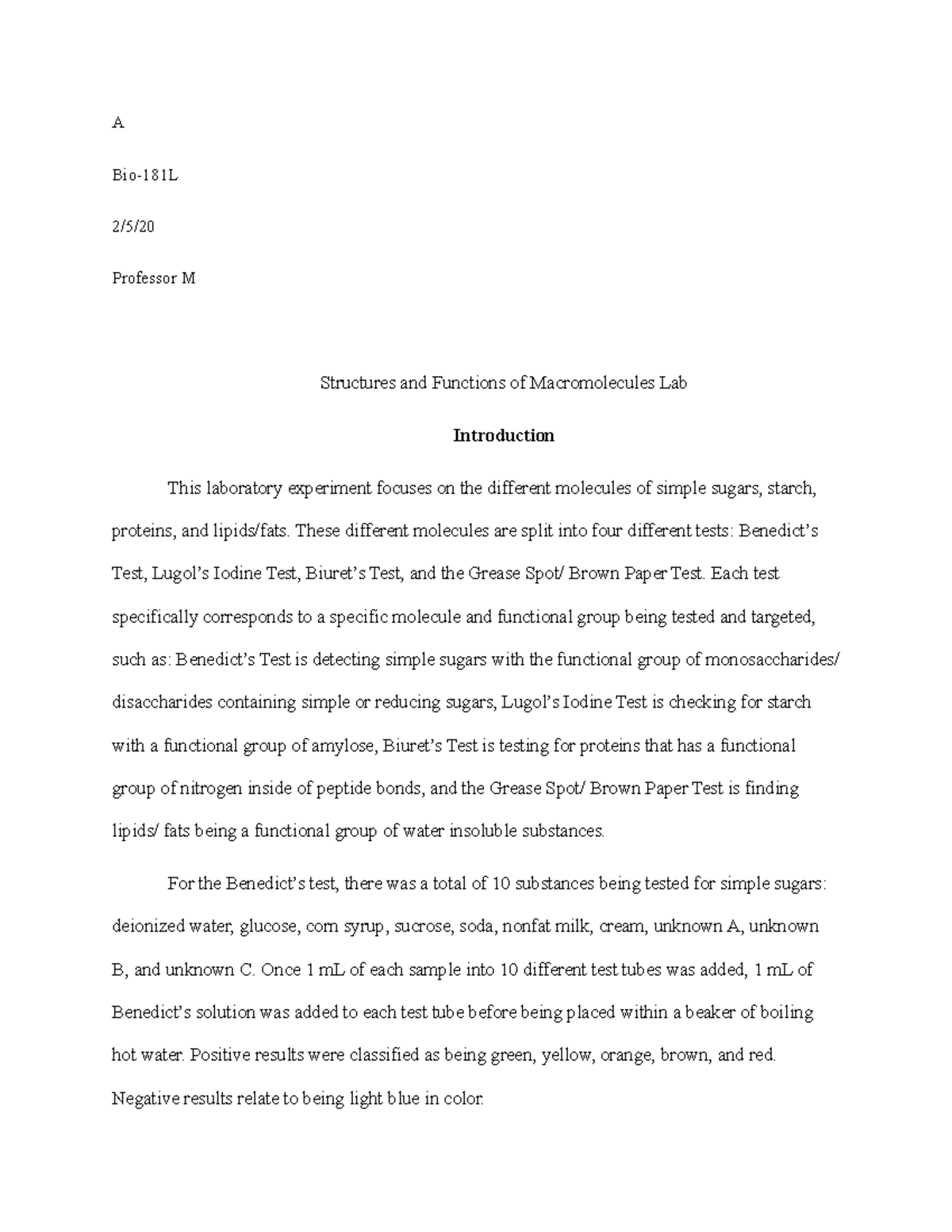 Bio Lab 181^J Macromolecules Lab Report - A Bio-181L 2/5/ Professor M Structures and Functions ...