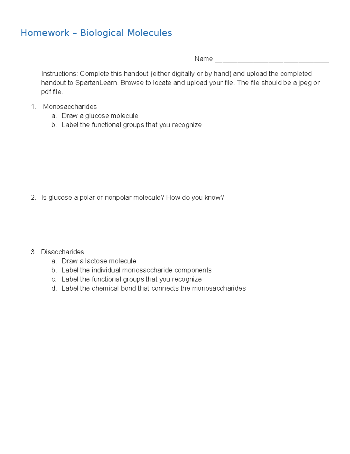 Biological Molecules - Homework – Biological Molecules Name
