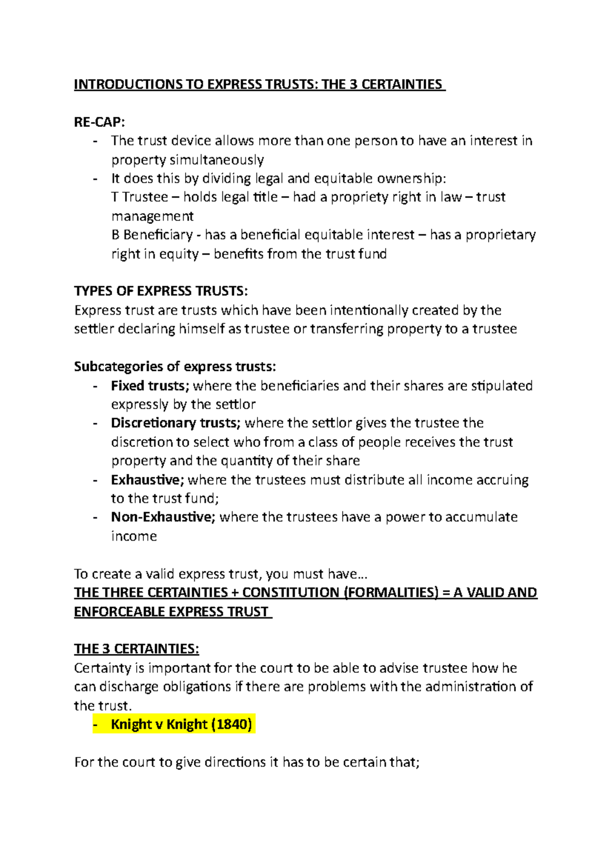 S2 Certainties - Express trusts - INTRODUCTIONS TO EXPRESS TRUSTS: THE 3 CERTAINTIES RE-CAP: The ...