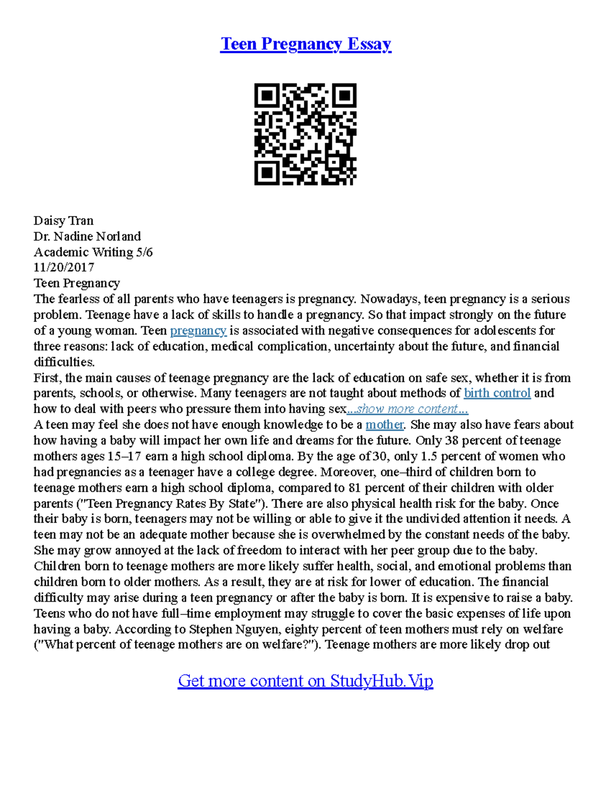 Teen Pregnancy Essay - Teen Pregnancy Essay Daisy Tran Dr. Nadine ...