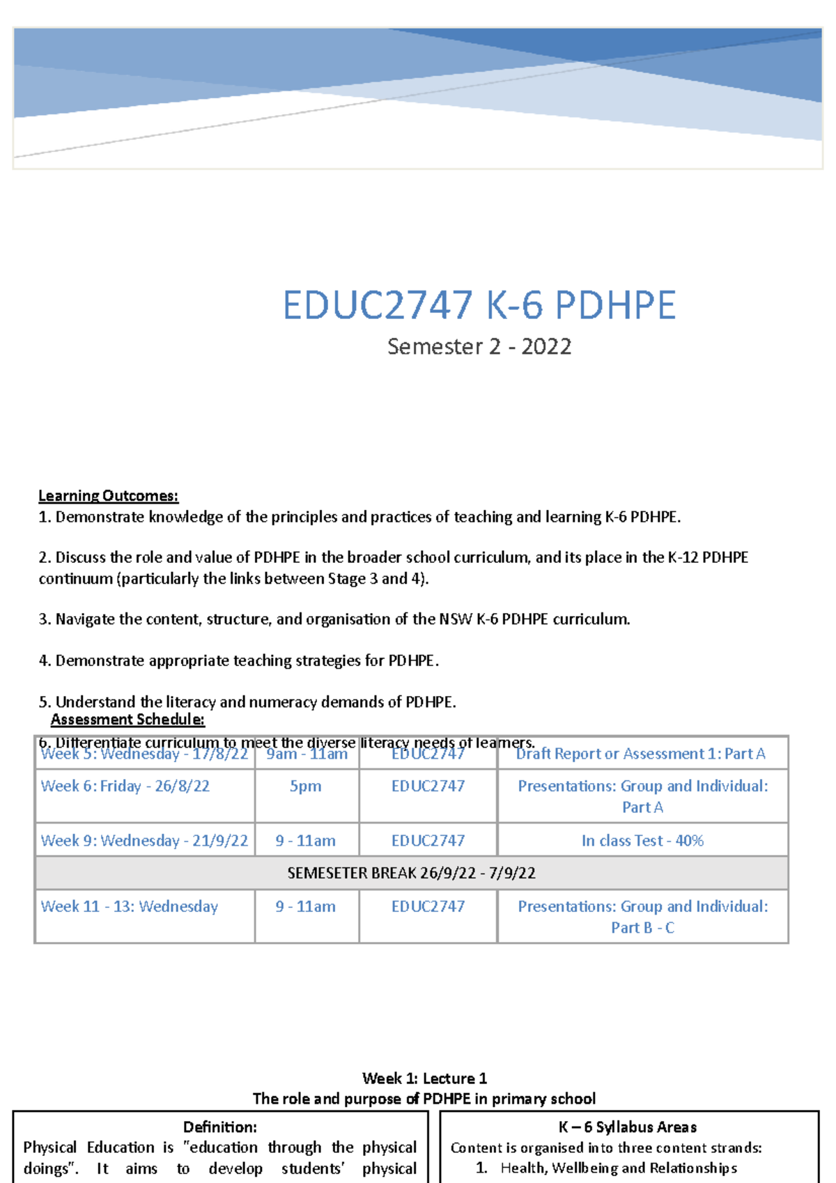 Pdhpe - not - Assessment Schedule: EDUC2747 K-6 PDHPE Semester 2 - 2022 ...