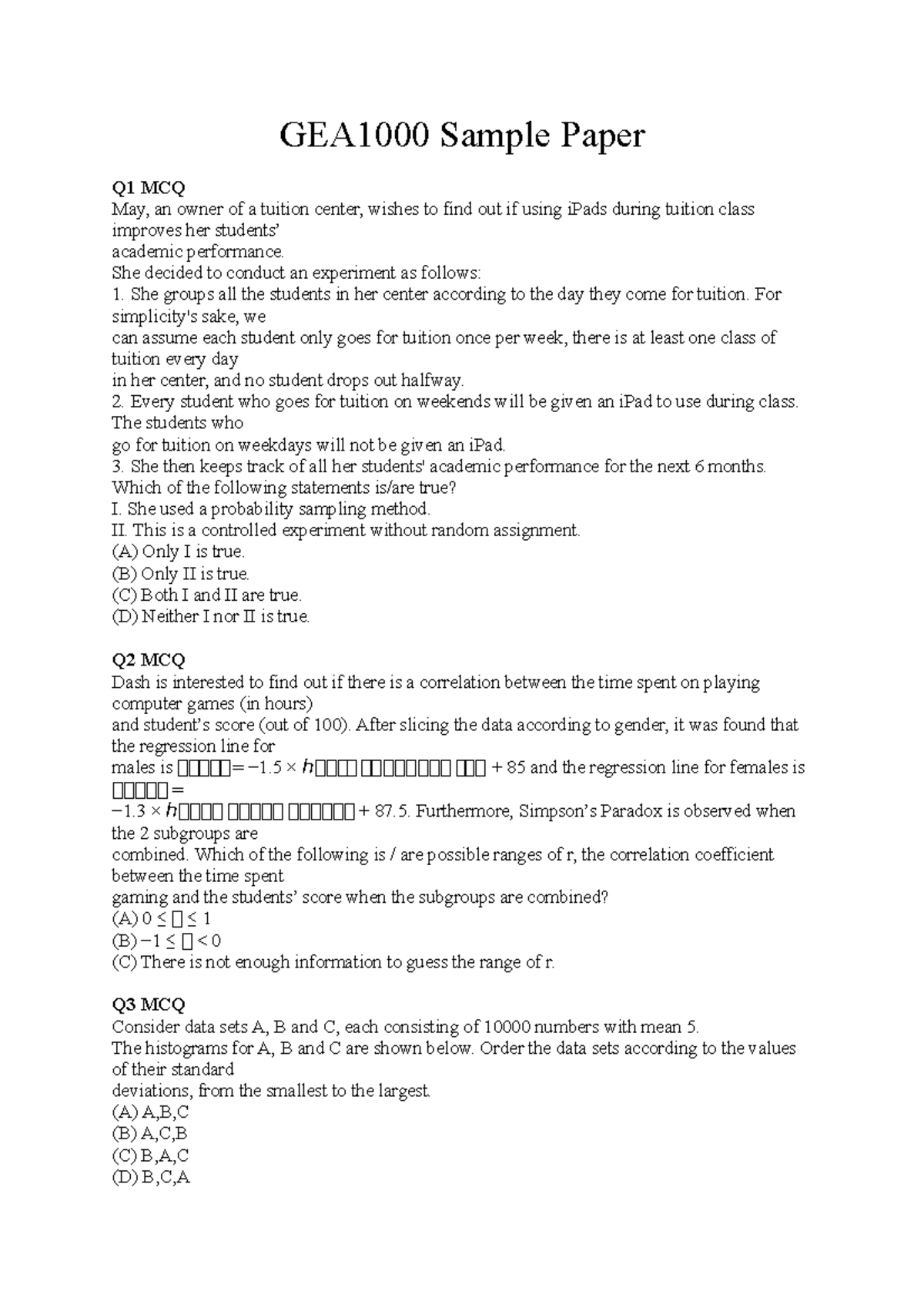 Doc3 - sample final question paper - GEA1000 Sample Paper Q1 MCQ May ...