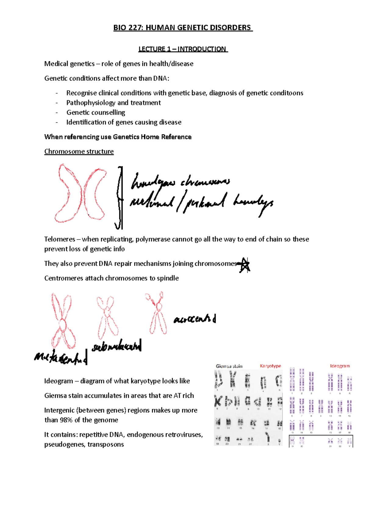 BIO227 Human Genetic Disorders - LECTURE 1 – INTRODUCTION Medical ...