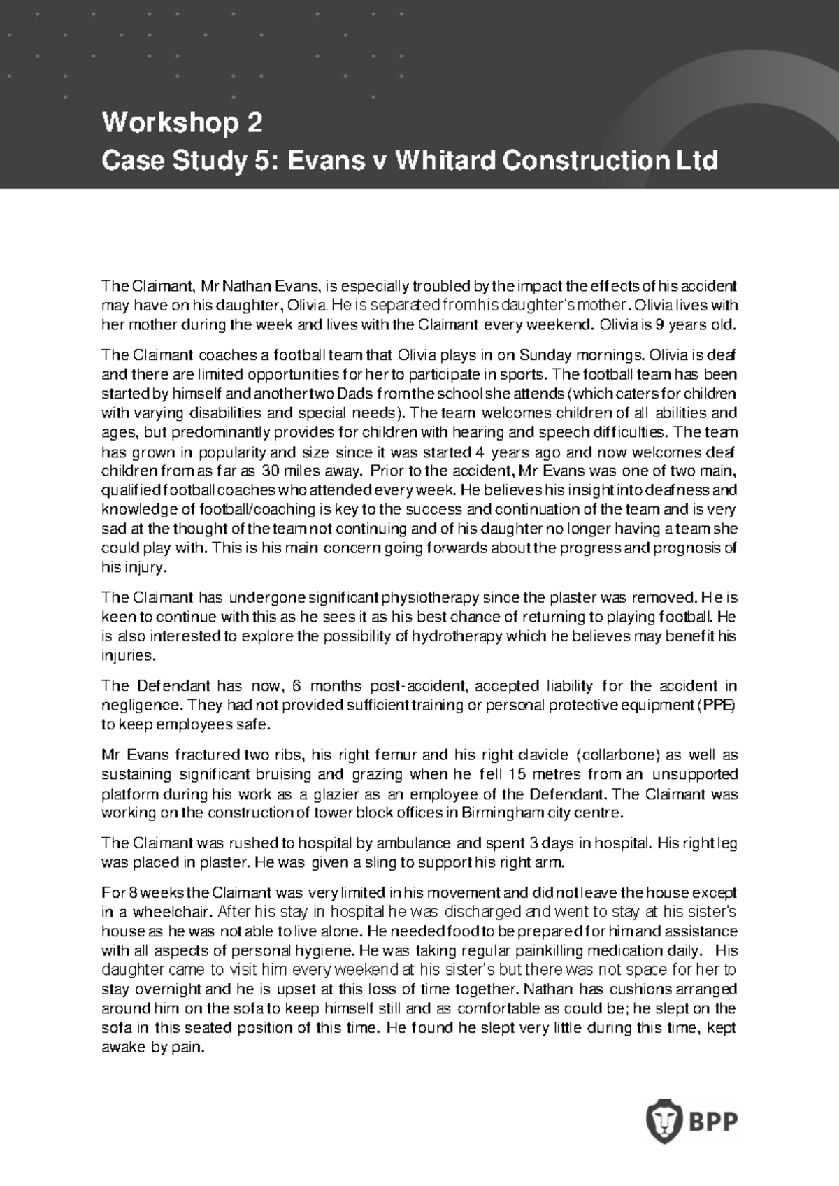 BTC1 Adv W2 Case Study 5 - Workshop 2 Case Study 5 : Evans v Whitard Construction Ltd The ...