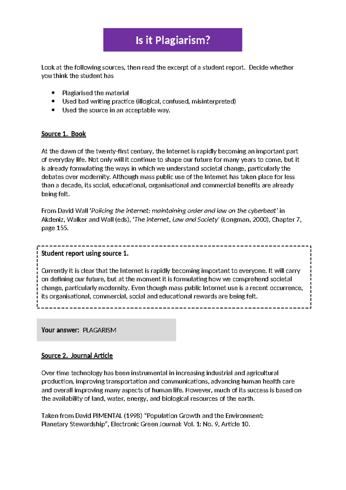 Is it Plagarism - Student Task - Is it Plagiarism? Look at the ...