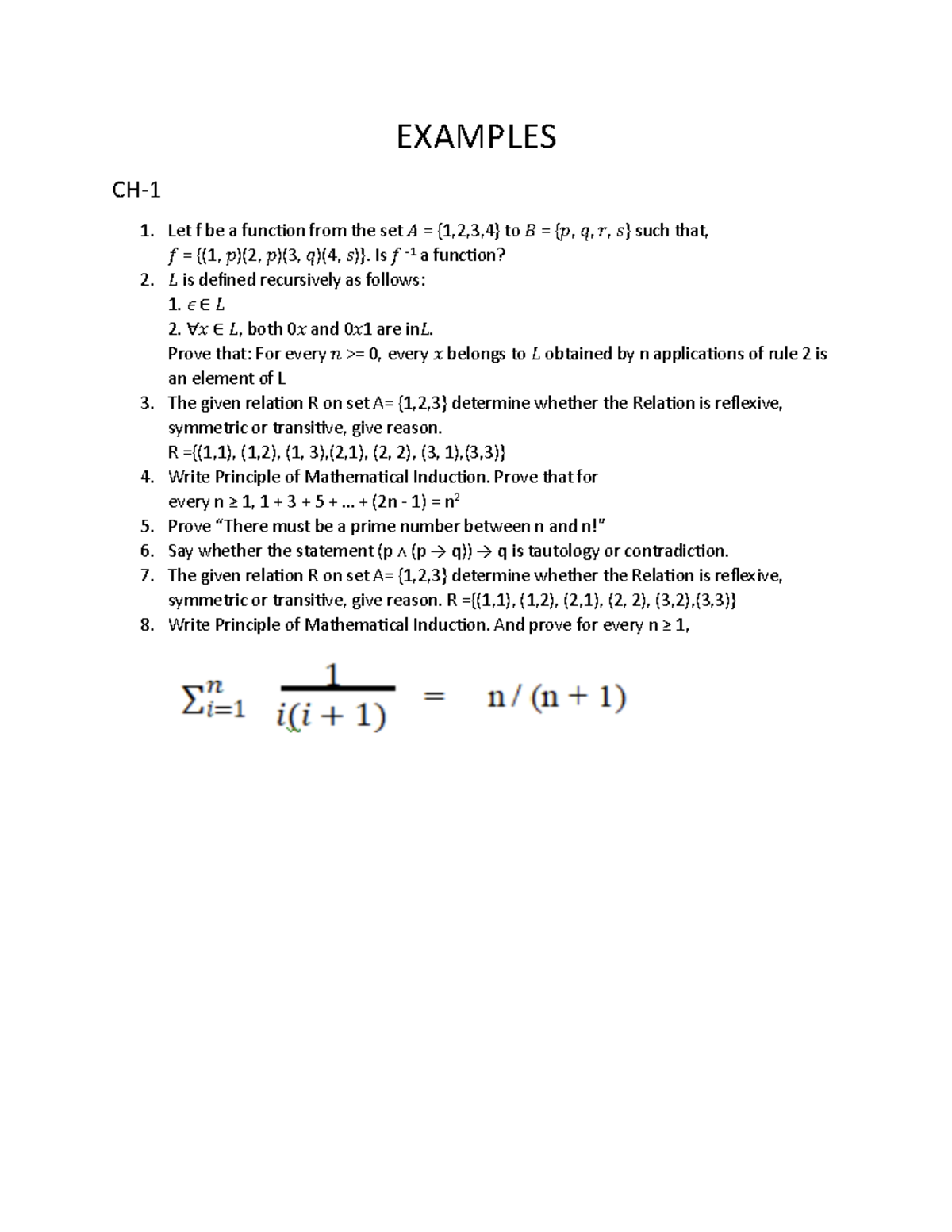 TOC MID-SEM IMP - EXAMPLES CH- 1 Let f be a function from the set 𝐴 = {1,2,3,4} to 𝐵 = {𝑝, 𝑞, 𝑟 ...