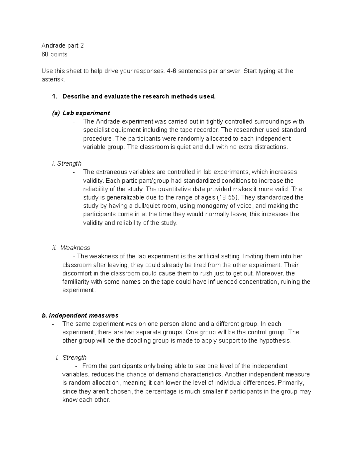 Andrade Study - Part 2 - Andrade part 2 60 points Use this sheet to ...