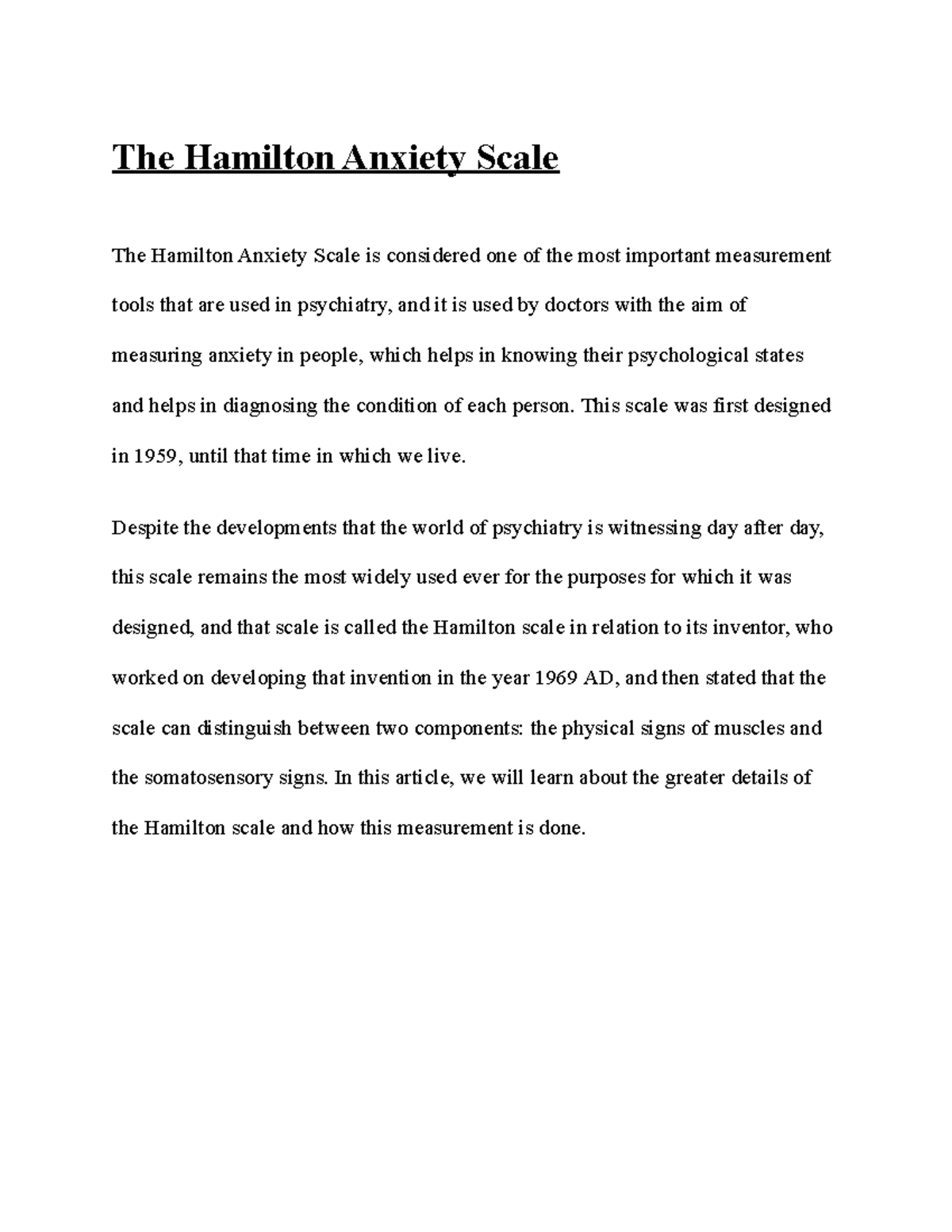The Hamilton Anxiety Scale - This scale was first designed in 1959 ...
