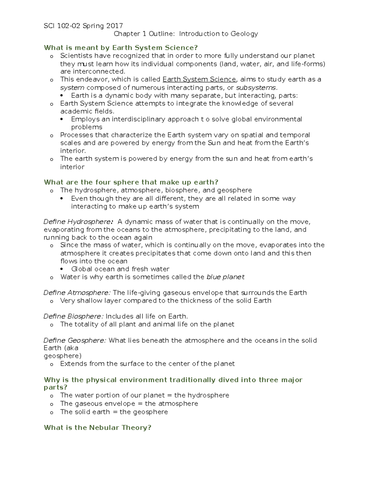 SCI 102 - Chapter One Outline - Introduction to Geology - Chapter 1 Outline: Introduction to ...
