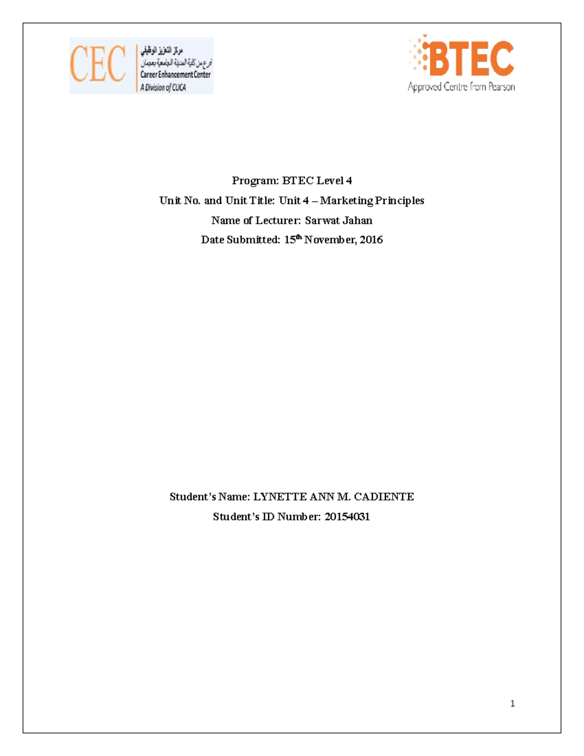 Unit 4 - Marketing Principles (Marketing Plan) - Program: BTEC Level 4 ...