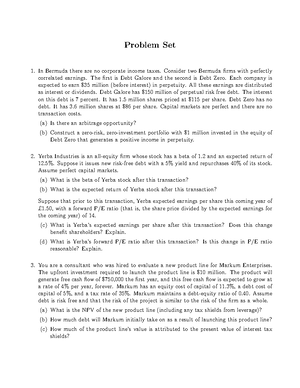 FN2191_4.1 Capital Structure I problem set solutions - Problem Set Note: although inputs in ...