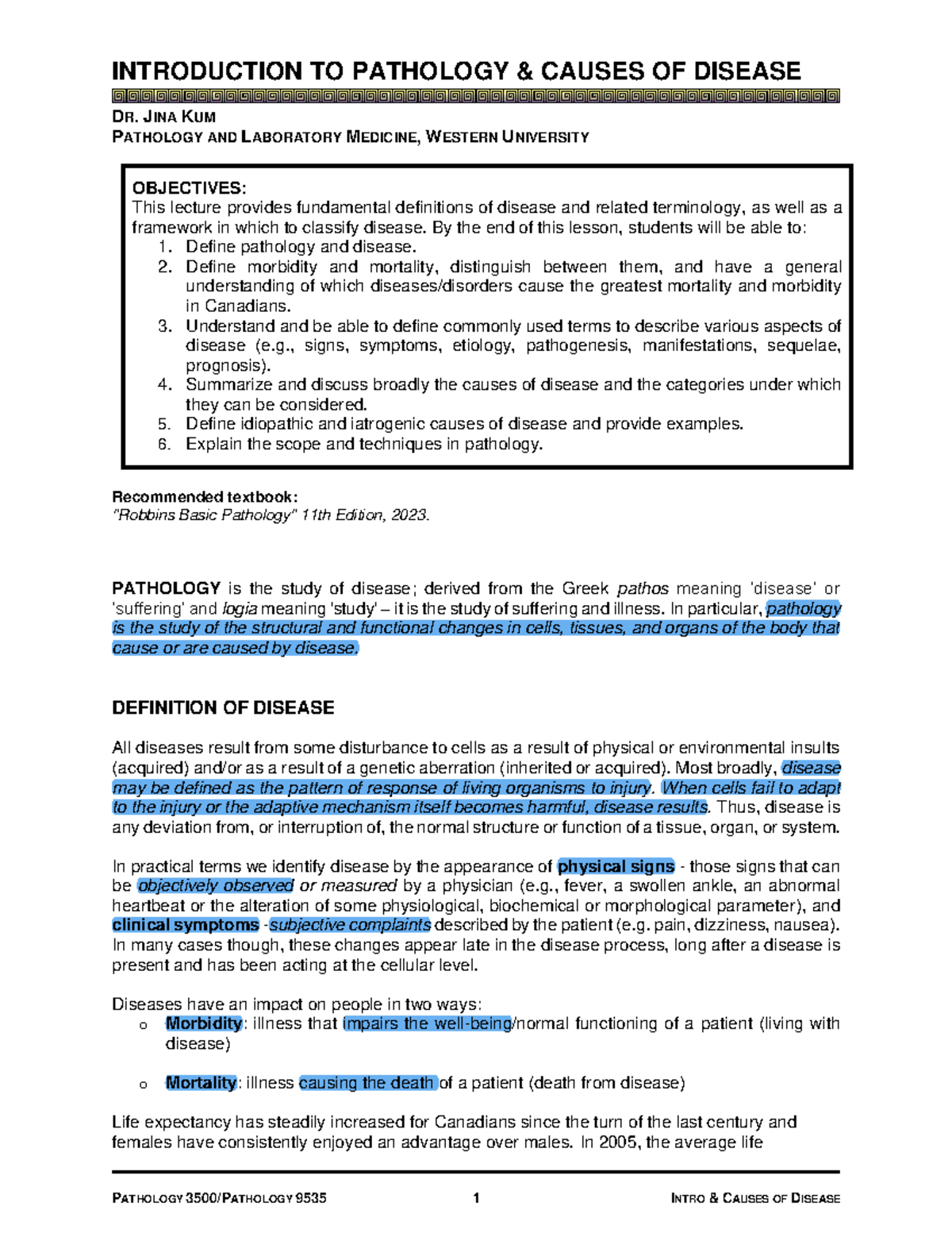 1 - Introduction and Causes of Disease - INTRODUCTION TO PATHOLOGY ...