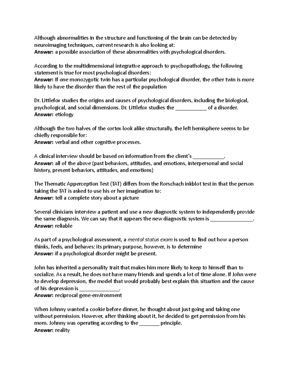 PSY 479 study guide #2 - To help future students get started - Although abnormalities in the ...