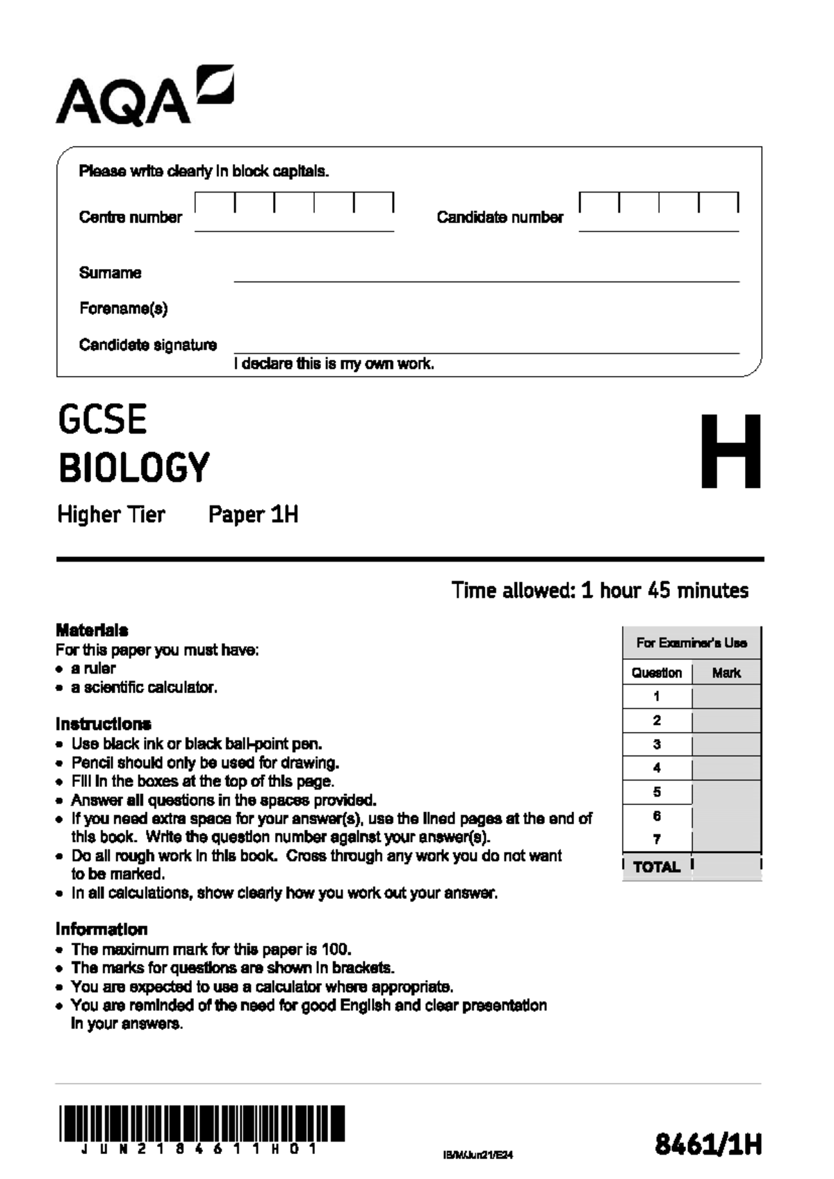 2021 AQA GCSE (Higher) Biology Paper 1 QP - Studocu
