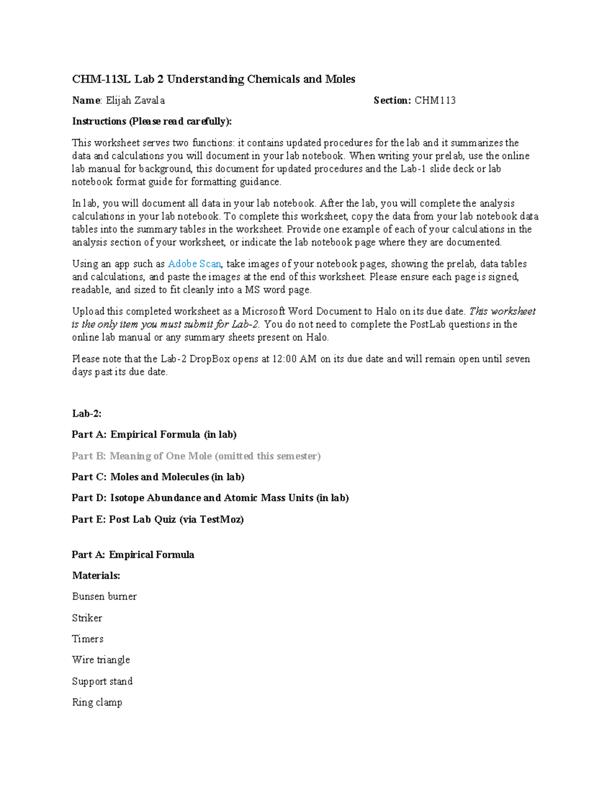 Chem Understanding Chemicals & Moles Lab and worksheet - CHM-113L Lab 2 ...