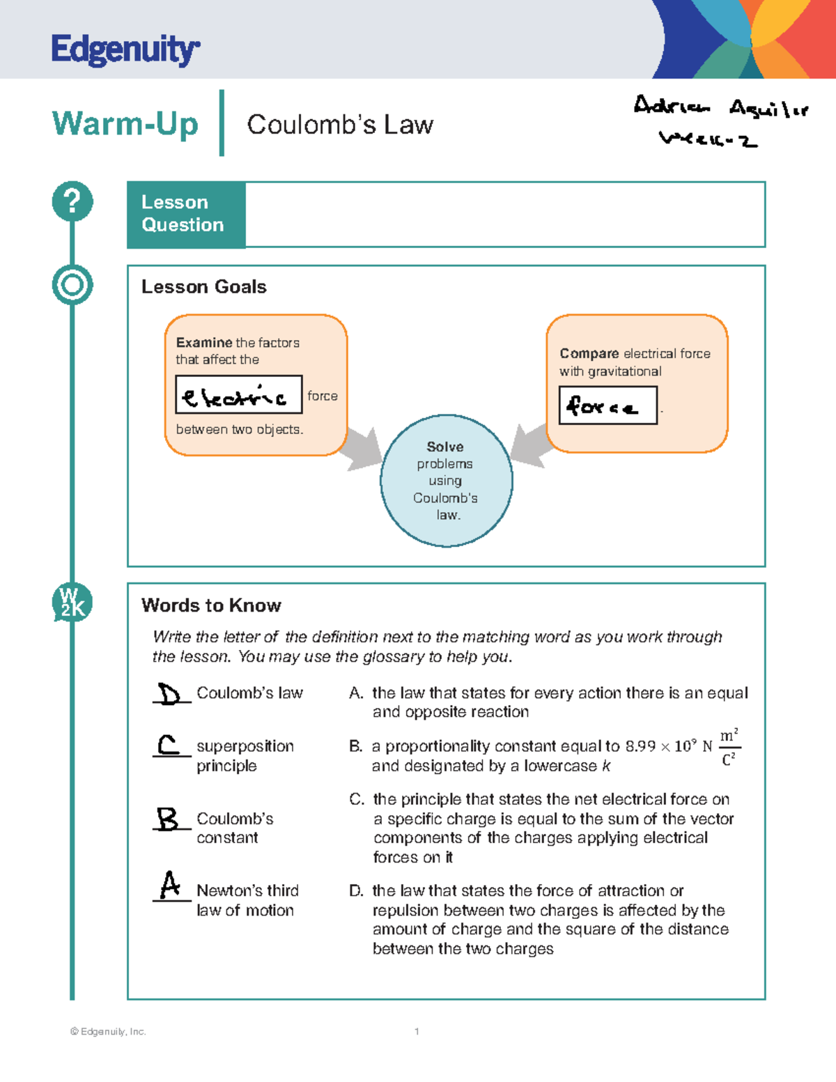 Physics guided notes KAMI - Warm-Up Coulomb’s Law Lesson Question ? W 2 ...