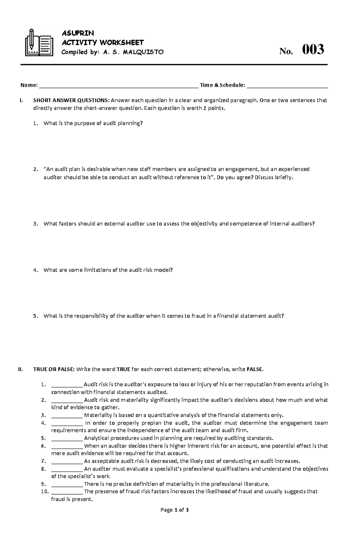 Activity Worksheet 003 - Page 1 of 3 ASUPRIN ACTIVITY WORKSHEET ...