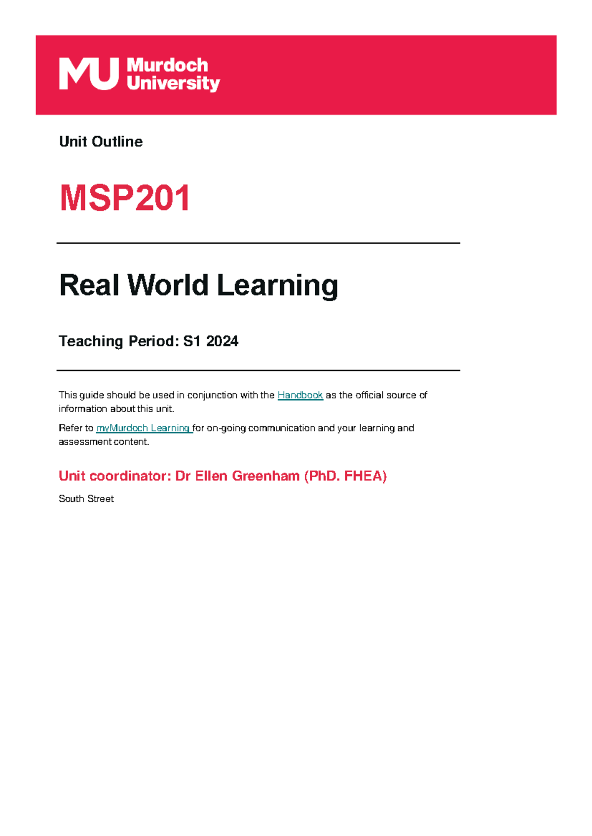 2024 MSP201 Unit outline S1 - Unit Outline MSP Real World Learning ...