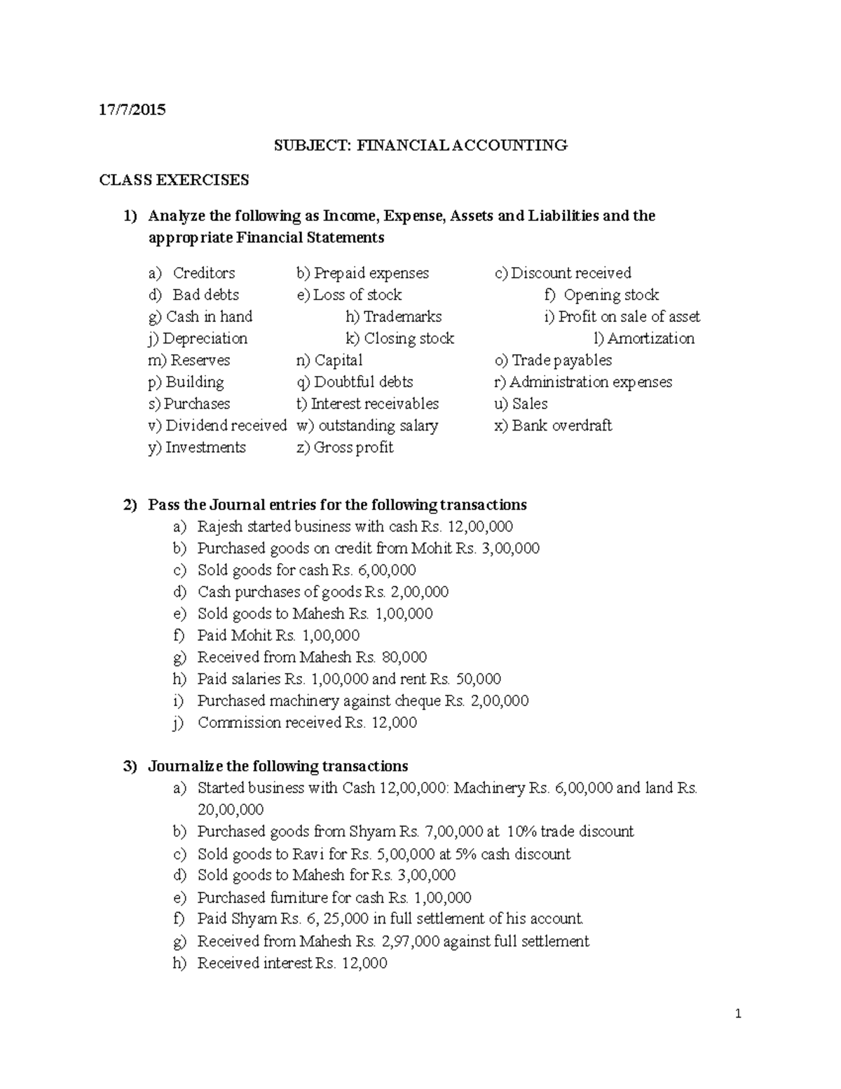 Accounting Assignments - 17/7/ SUBJECT: FINANCIAL ACCOUNTING CLASS ...