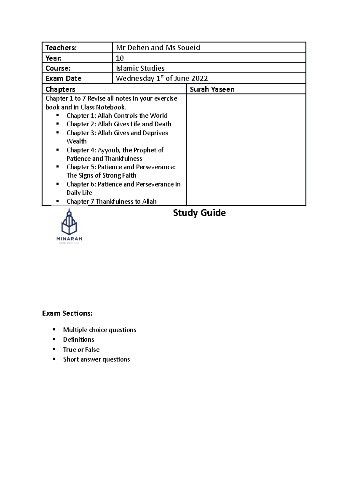Year 10 Islamic Studies Study Guide - Teachers: Mr Dehen and Ms Soueid ...