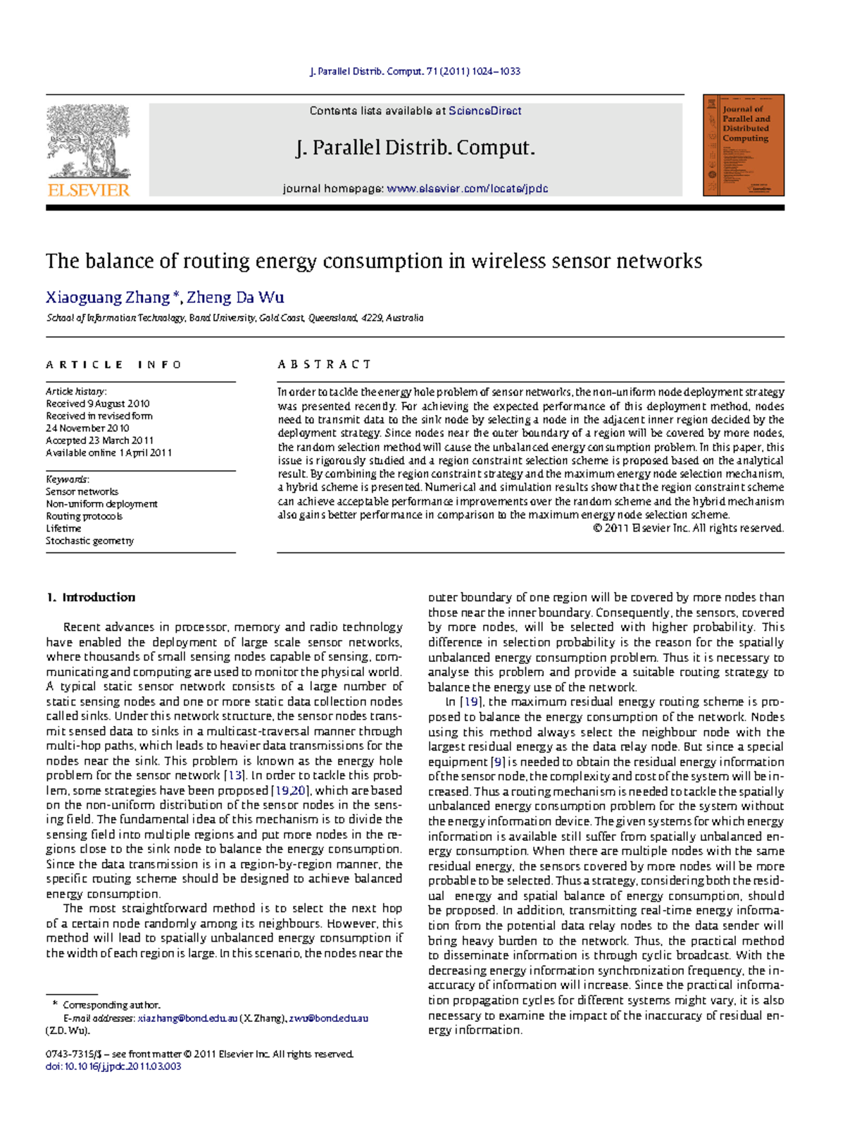 2011 The Balance Of Routing Energy Consumption In Wireless Sensor Networks J Parallel Distrib