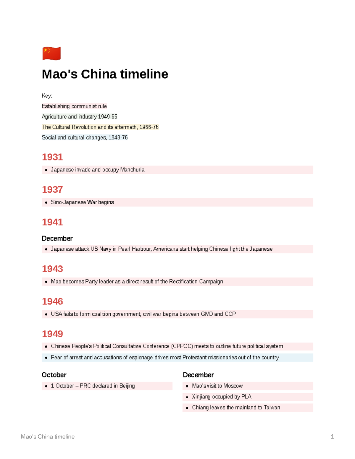Mao's China timeline - 󾓭 Mao's China timeline Key: Establishing ...