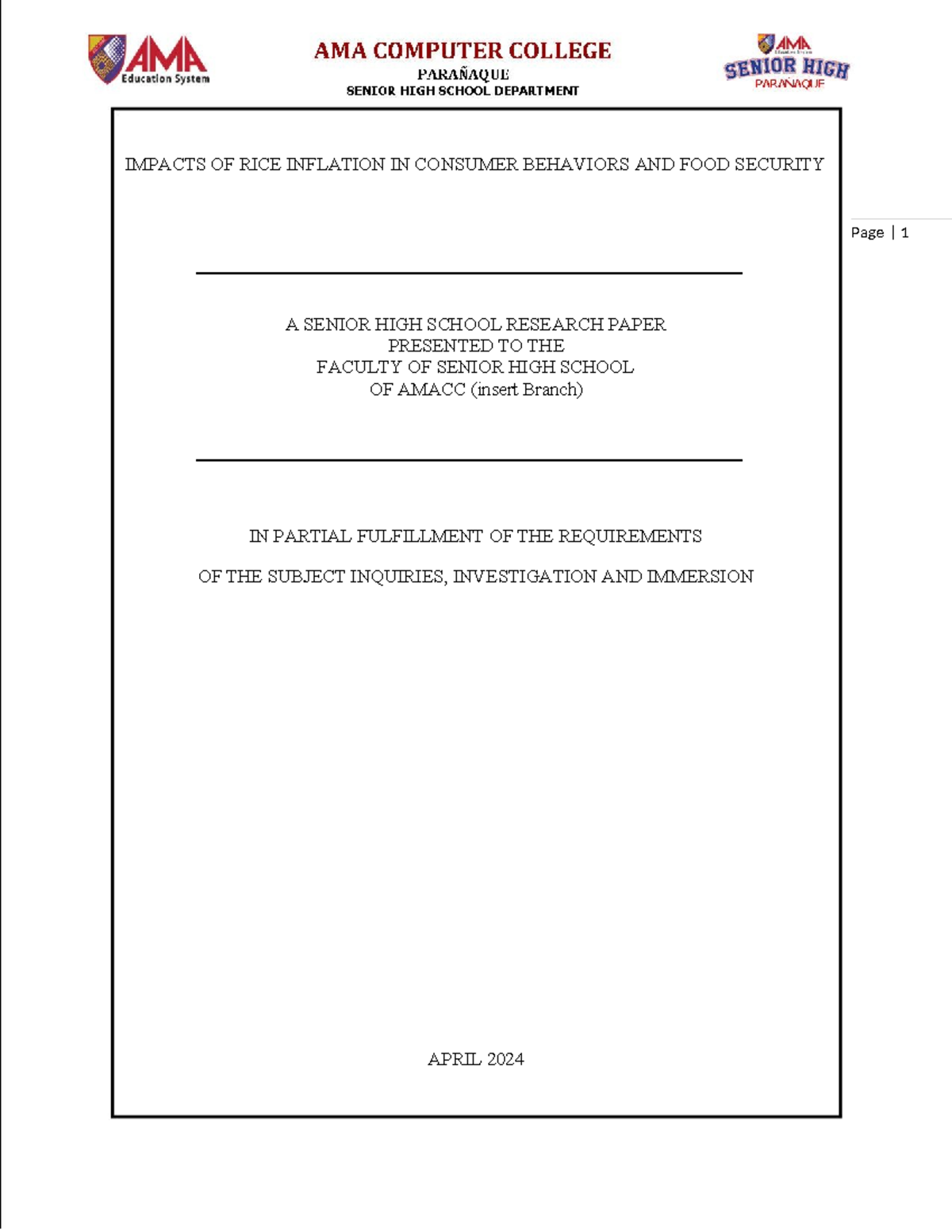 Questionnaire Template - Page | 1 IMPACTS OF RICE INFLATION IN CONSUMER ...