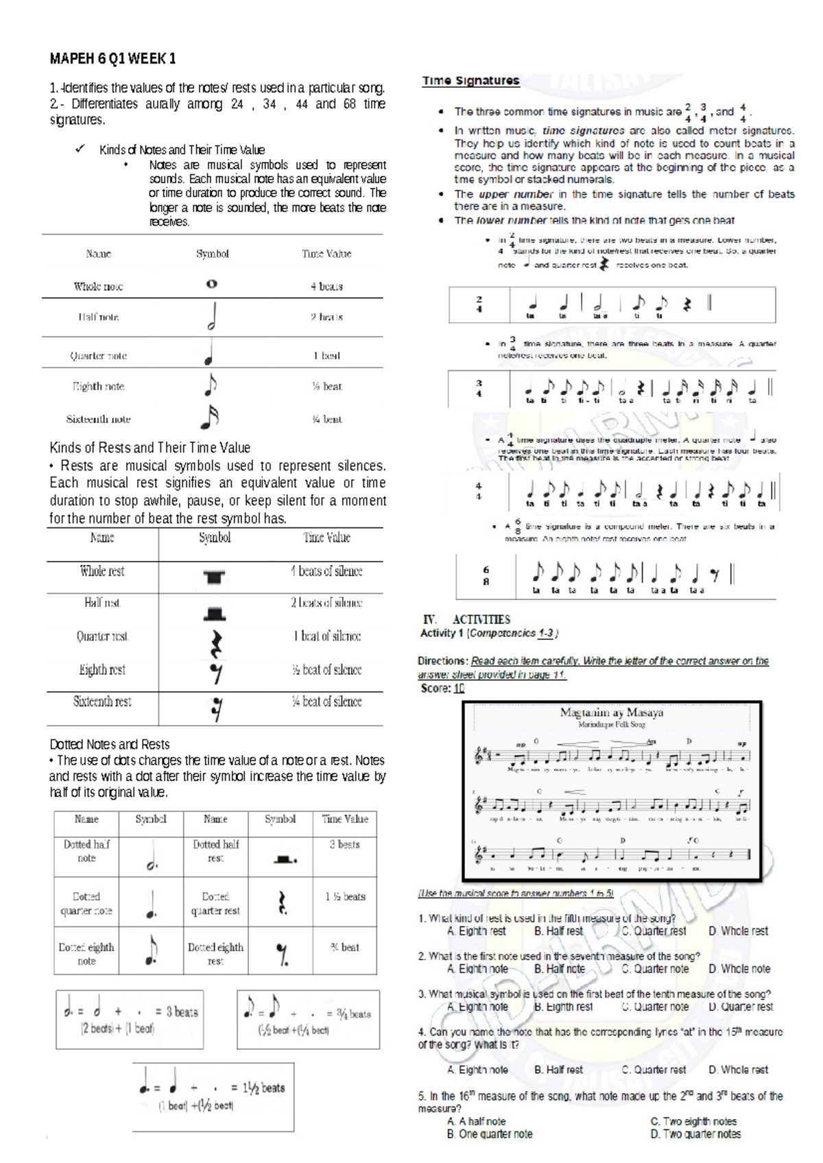 Mapeh 6 Q1 WEEK 1 - very good - MAPEH 6 Q1 WEEK 1 1.-Identifies the ...