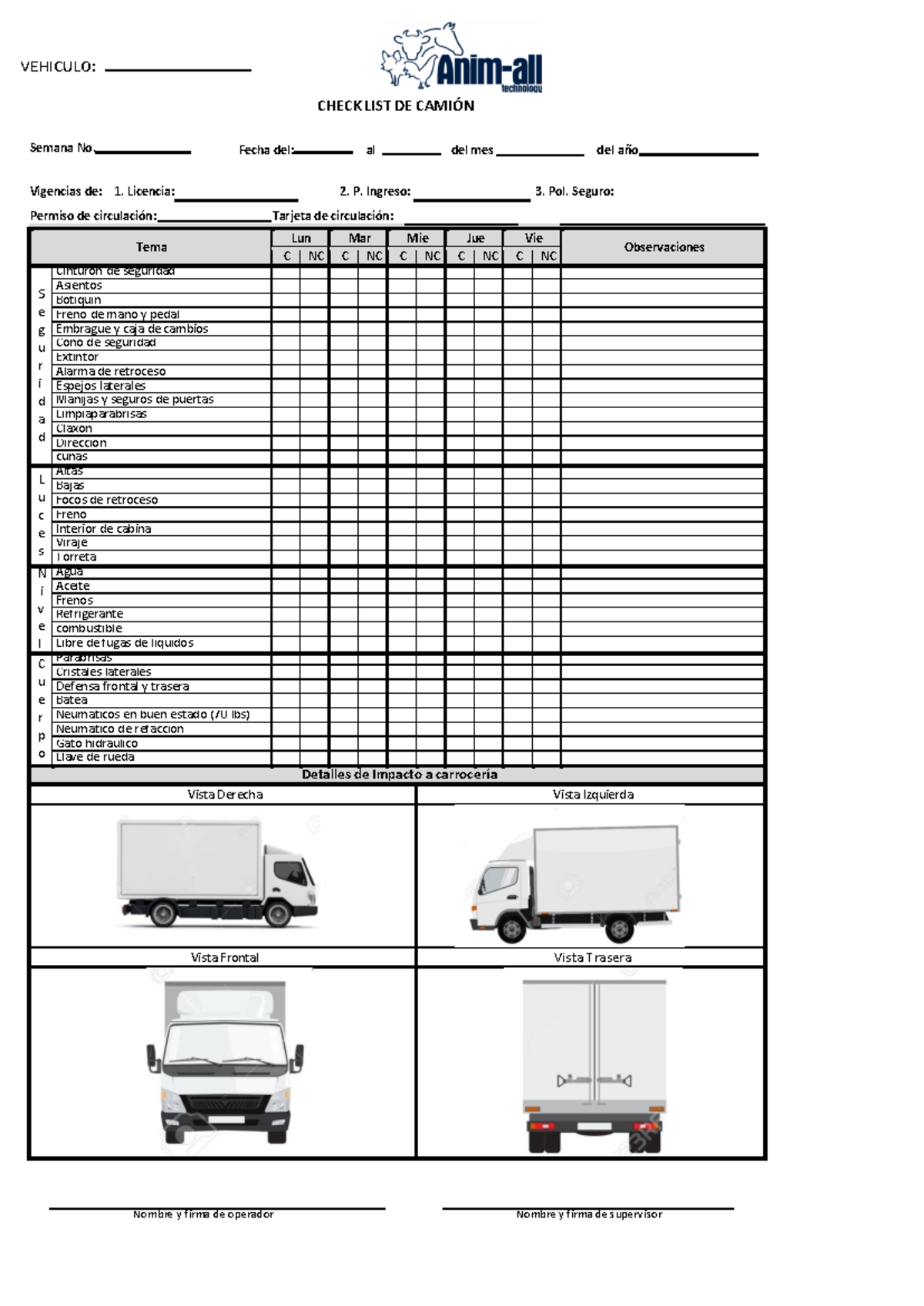 Checklist VEHICULAR - VEHICULO: CHECK LIST DE CAMIÓN Semana No. Fecha ...