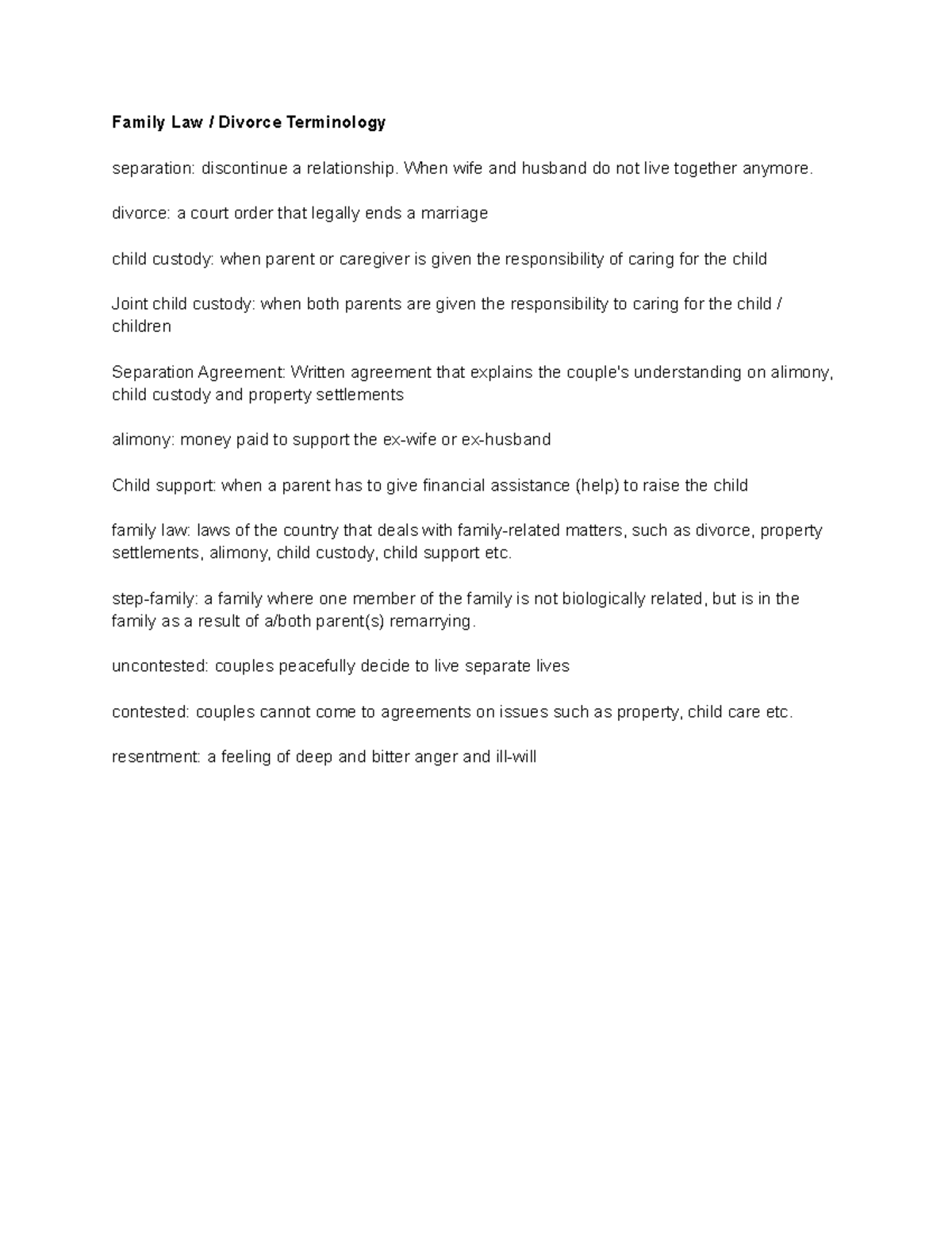 Family Law Divorce Terminology - Family Law / Divorce Terminology ...