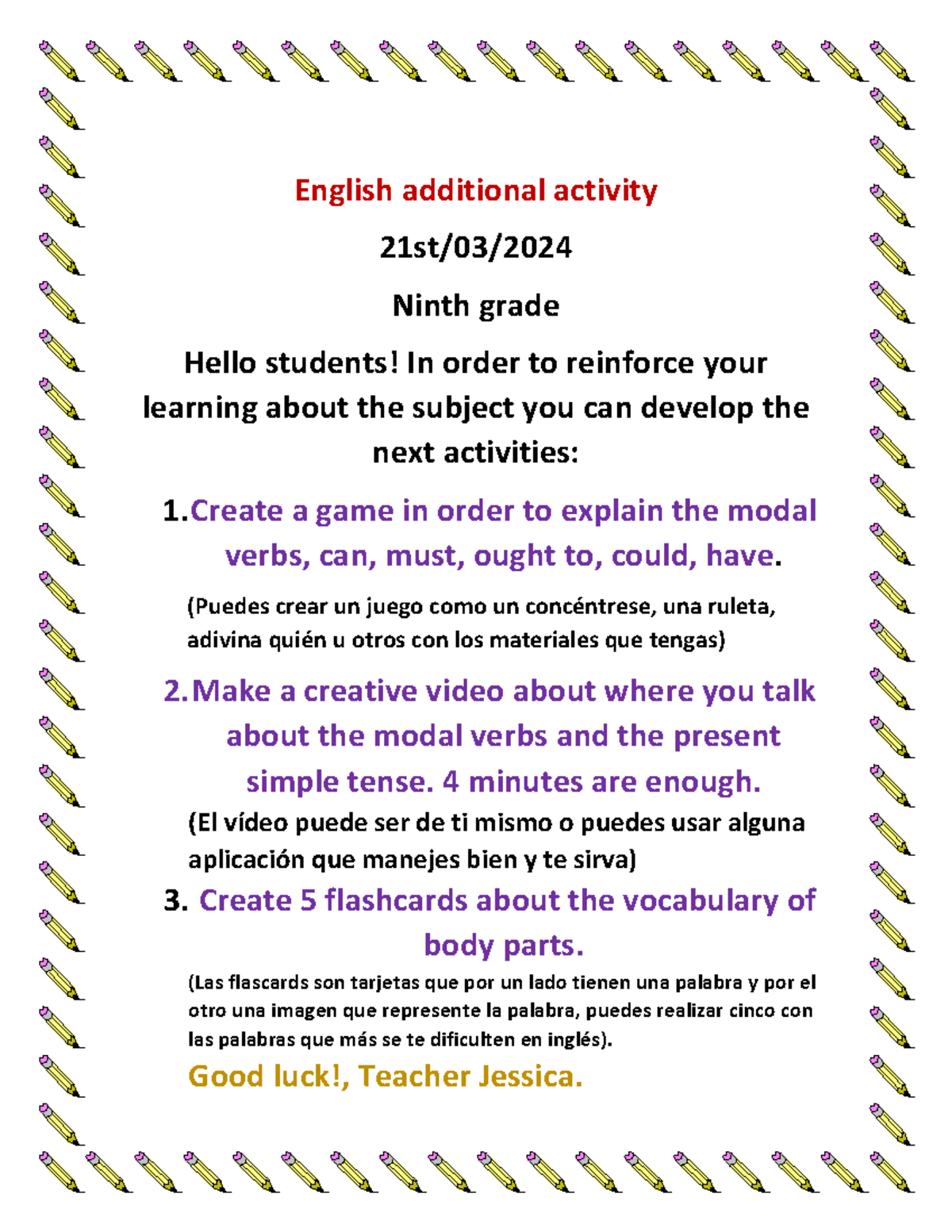 English activity - Ingles - English additional activity 21st/03/ Ninth ...