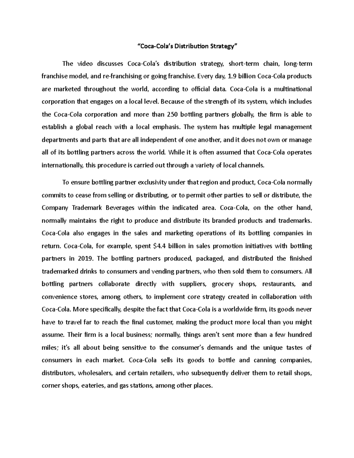 Coca-cola's distribution strategy - “Coca-Cola’s Distribution Strategy ...