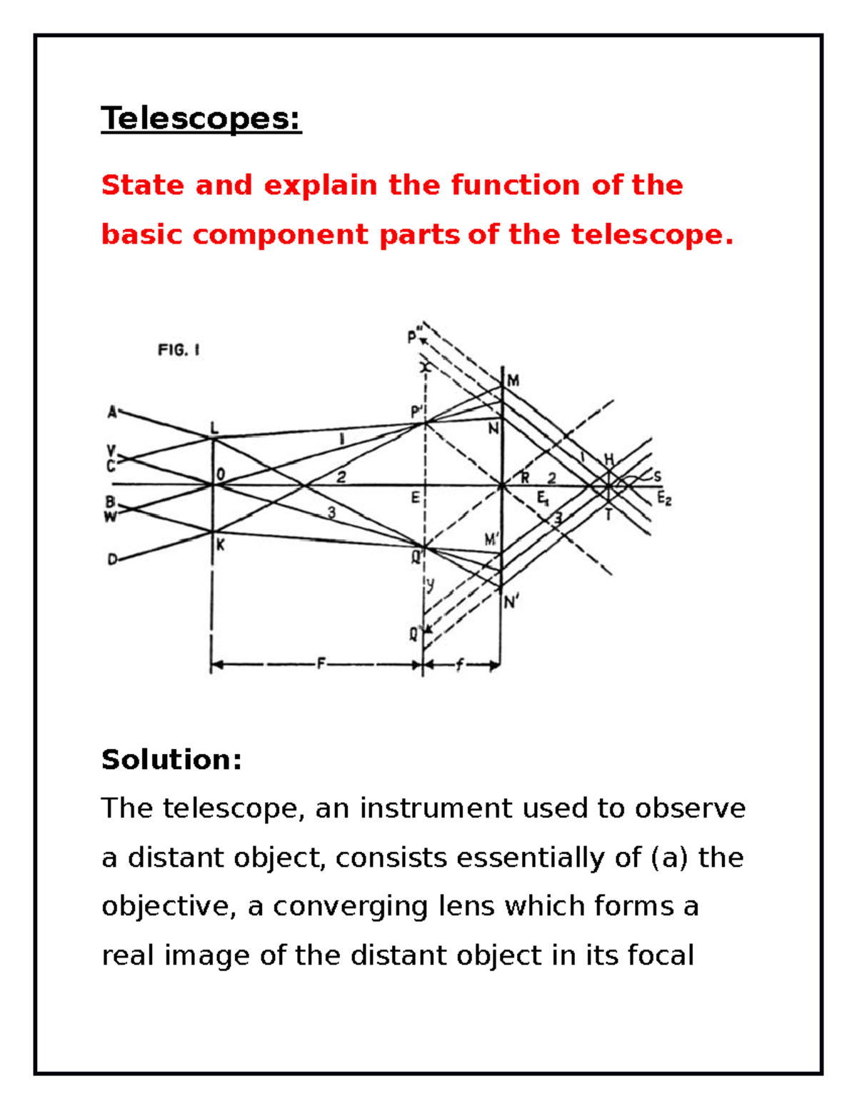 Assignment Of Telescopes Telescopes State And Explain The Function Of The Basic Component